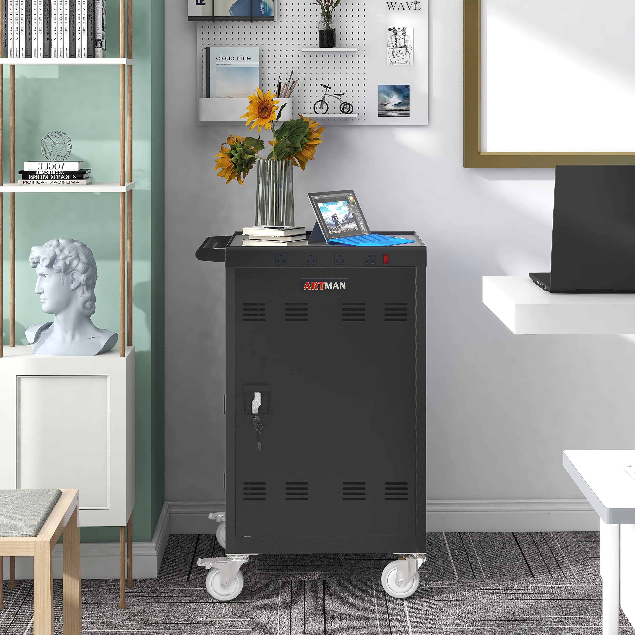 ODC 36 Device Mobile Charging Storage Cart for iPads,Chromebooks and Laptop Computers,Up to 17-inch Screen Size,Surge Protection,Front & Back Access Locking Cabinet