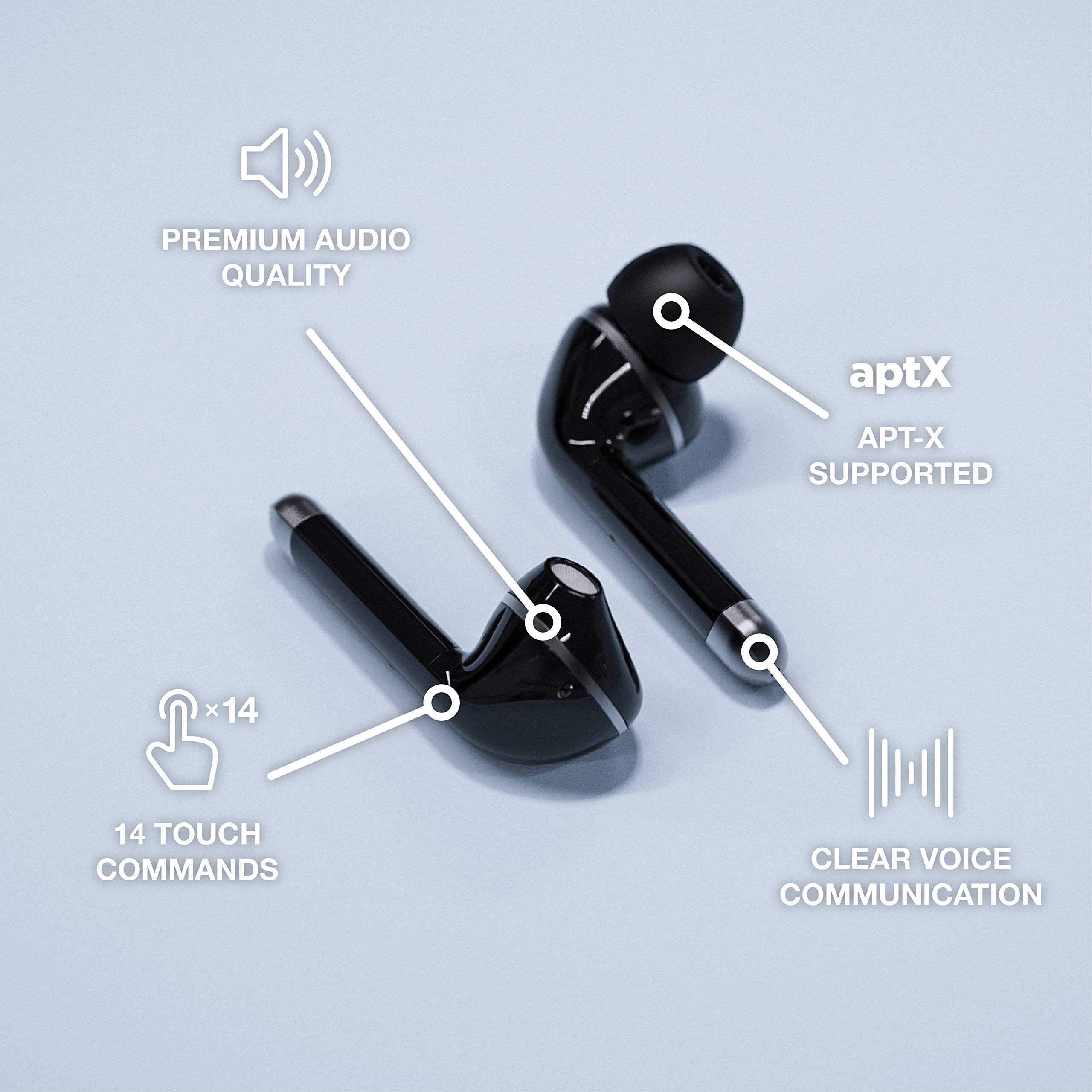 Happy Plugs Air 1 Plus – Luxury Wireless Earbuds – Design Bluetooth Headphones with Charging Case and Built-in Microphones – Up to 40 Hours Playtime – Black
