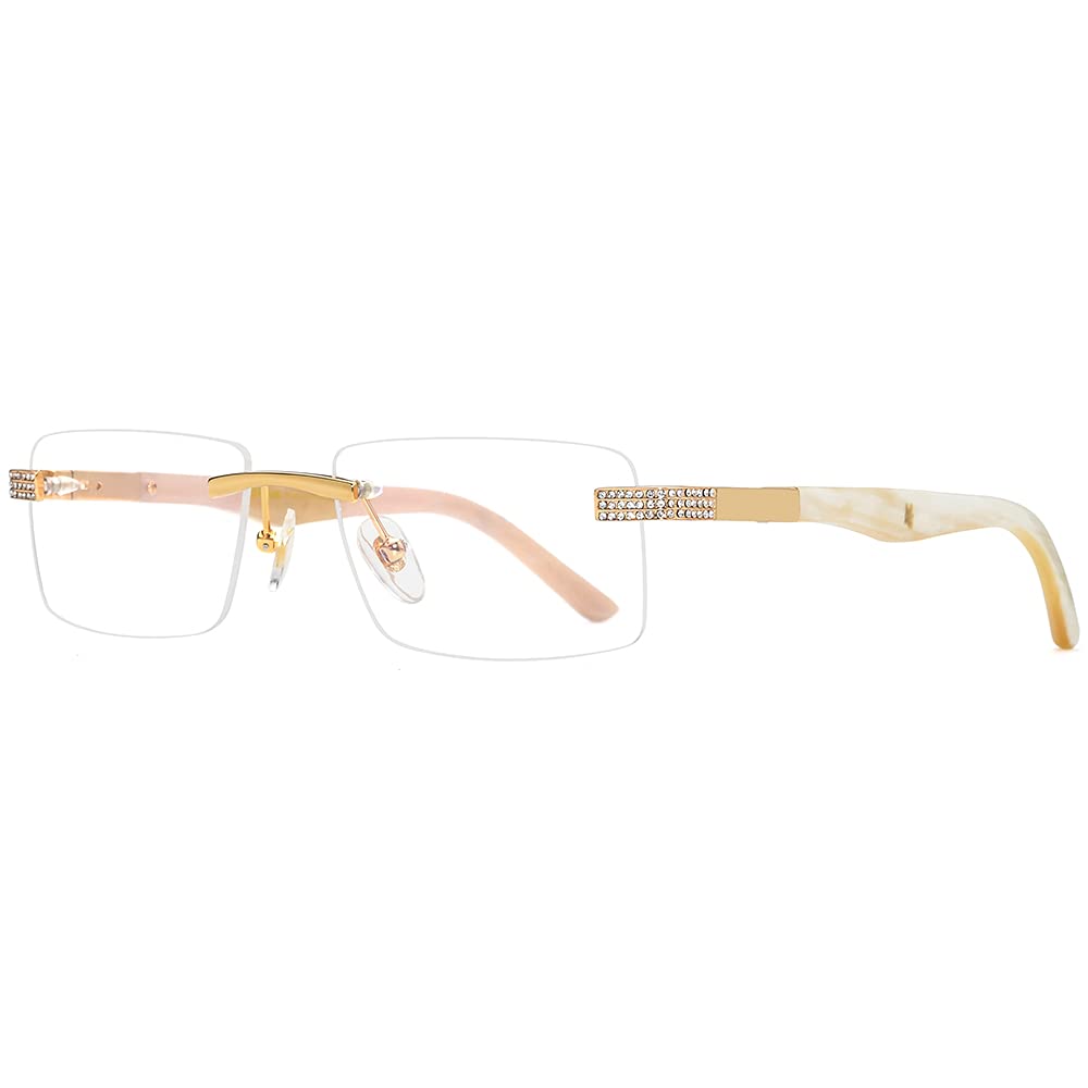HEPIDEM 100% Really Buffalo Horn Glasses,Square Rimless Luxury Buffs Eyeglasses With Diamonds (White 0023)