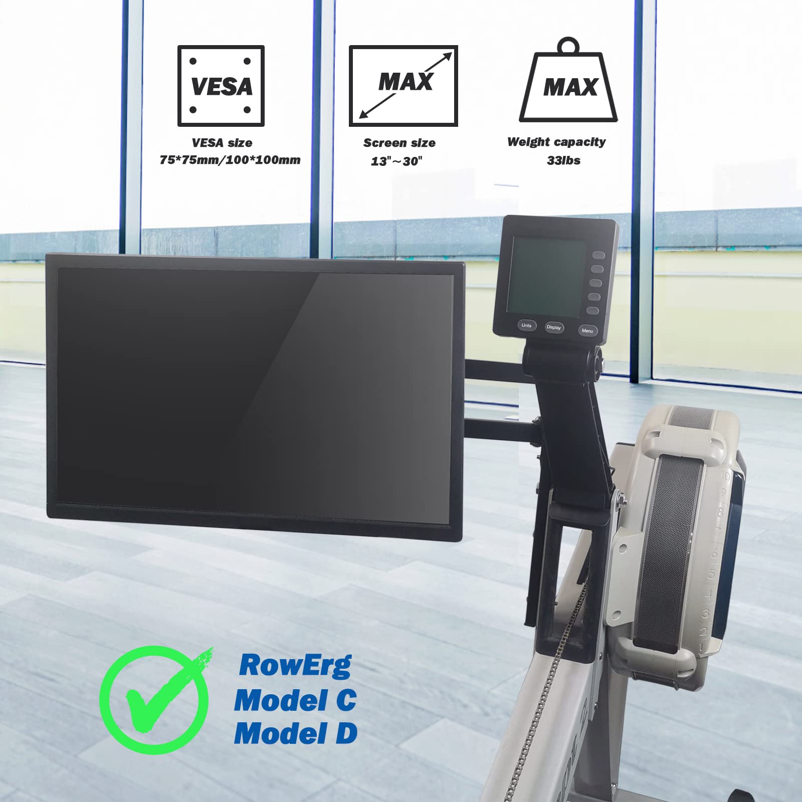 JISHAHS Monitor Mounting Arm for Concept 2 Rowing Machine, Horizontally Adjustable Articulating Arm for Most 12-27 Inch Flat Curved Screen TVs & Monitors Holds 30lbs, Ideal Accessory for C2 Rower