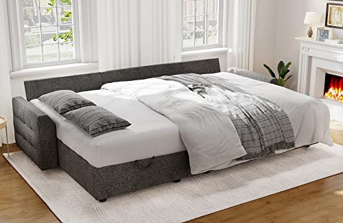 VanAcc Pull Out Sofa Bed, Modern Tufted Convertible Sleeper Sofa, Chenille Sleeper Sectional Couch Bed with Storage Chaise, L Shaped Sofa Couch for Living Room (Dark Grey)