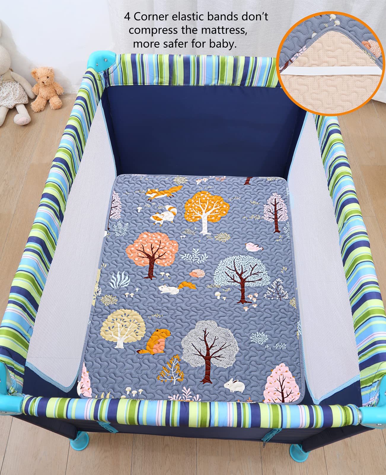 Padded Pack n Play Sheets Breathable Thick Pack and Play Mattress Protector, Quilted 38x26” Playard Sheet Fitted for Graco, Portable Mini Cribs and Foldable Mattress Pad, Soft Playpen Mattresses Cover