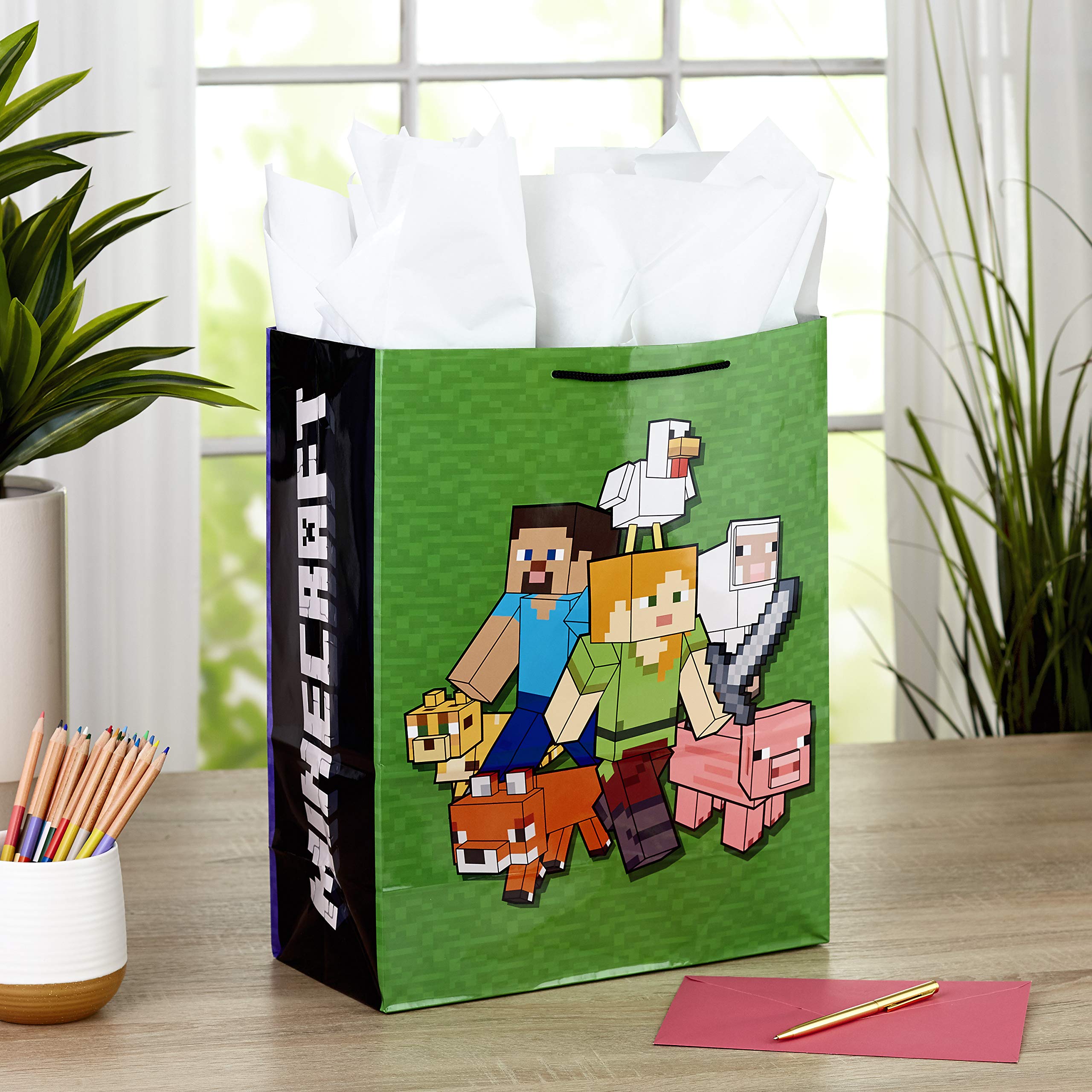 Hallmark 15" Extra Large Minecraft Gift Bag with Tissue Paper for Christmas, Birthdays, Valentines Day, Kids Parties, Holidays and More