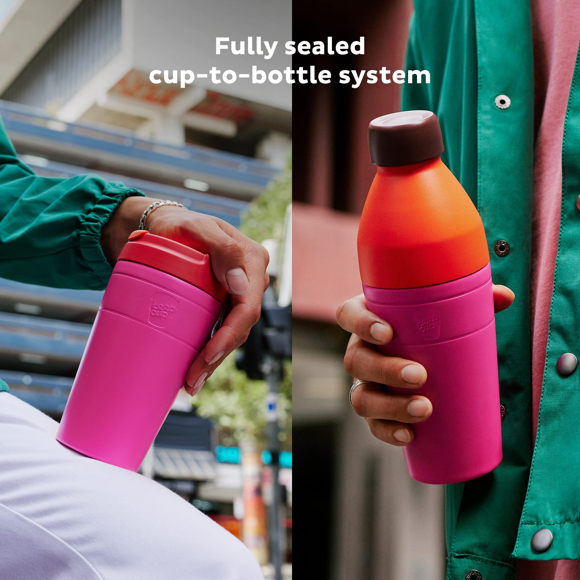 KeepCup Cup-to-Bottle Kit - Insulated Leakproof Travel Mug with Sipper Lid & Dual Open Water Bottle | 530ml Bottle to 12oz Cup - Calenture
