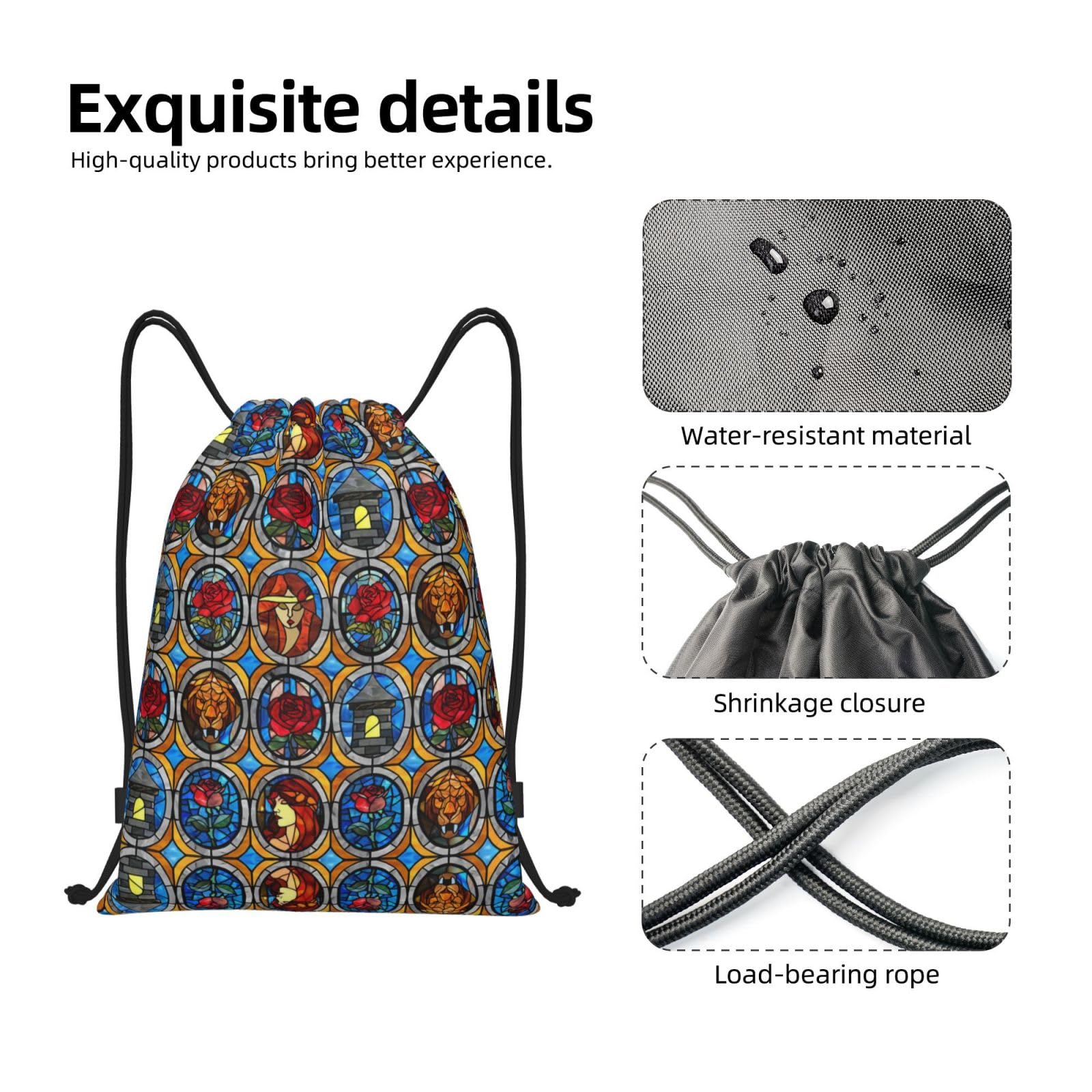 Gocerktr Beauty and Beast Fairytale Glass Waterproof Drawstring Backpack for Women Men string bag Lightweight Gym Sackpack Beach Hiking Yoga Travel