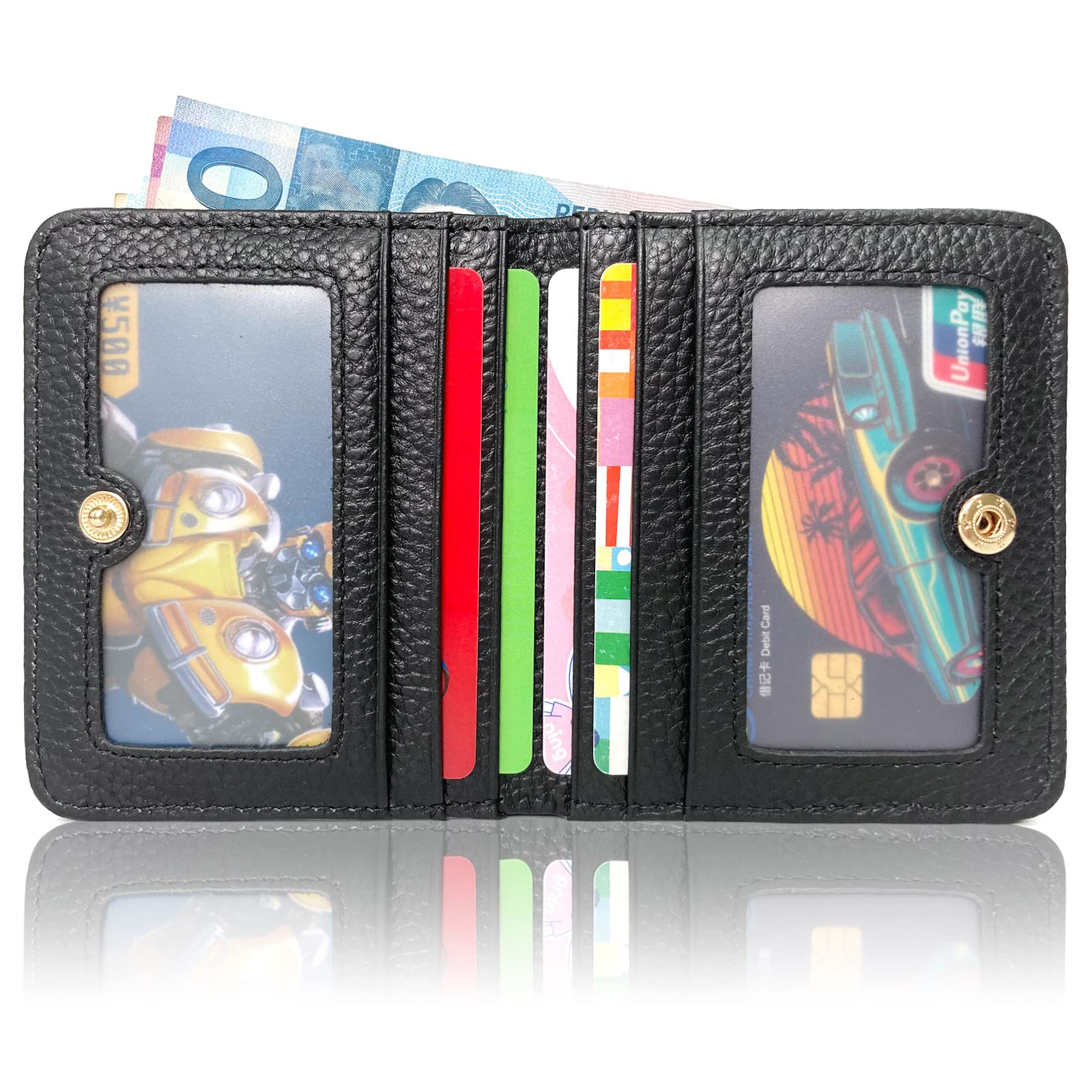 Linno Small Genuine Leather RFID Blocking Wallets Bifold Pocket Wallet with 2 ID Window and Coin Purse for Women or Men