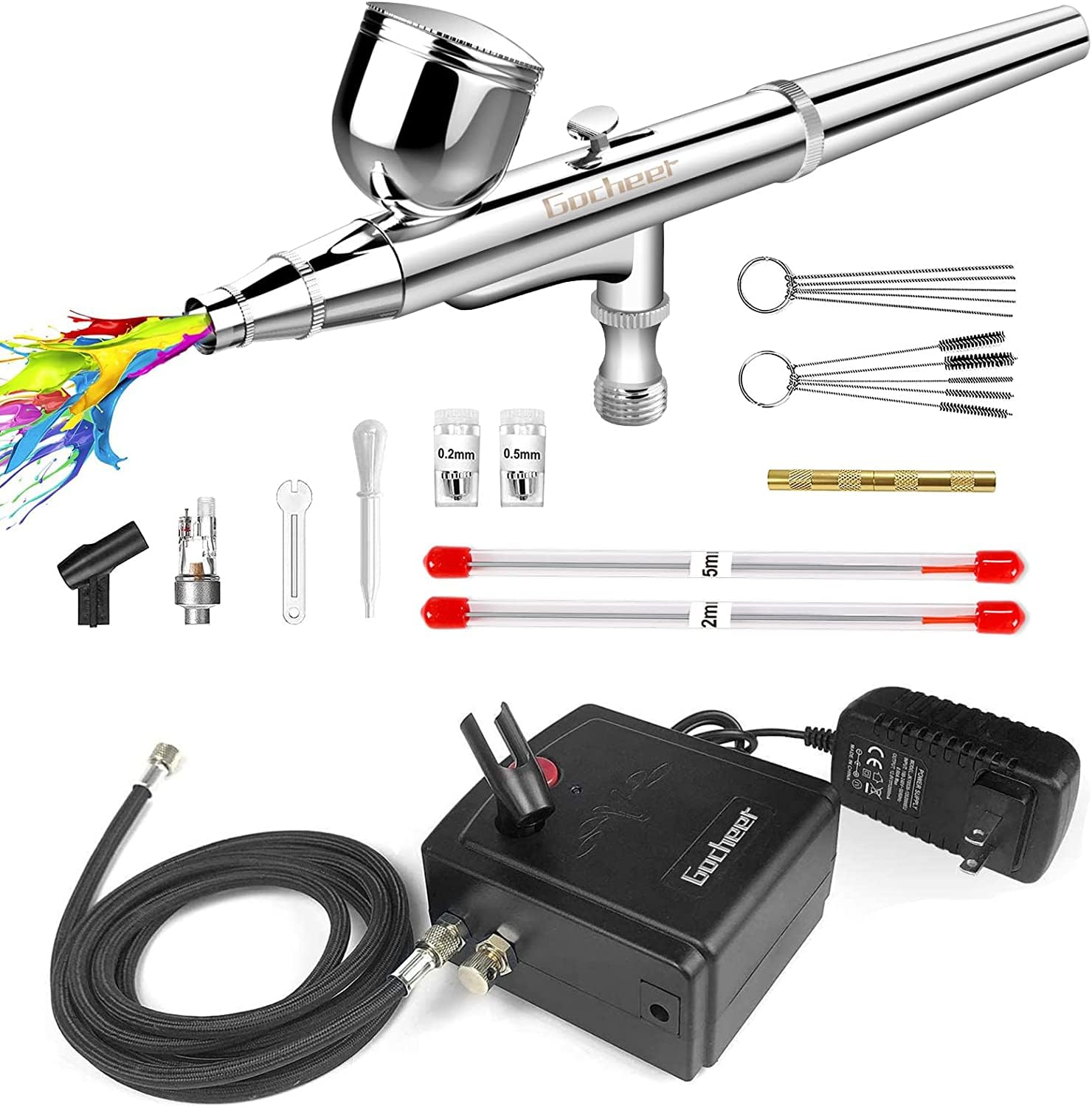 Gocheer 30PSI Airbrush Kit with Compressor Dual Action Mini Air Brush Kit Airbrush Gun Set with 0.2/0.3/0.5mm Nozzle Multi-Function Airbrush Gun Set for Painting Makeup Arts Nails Cake Decor Craft