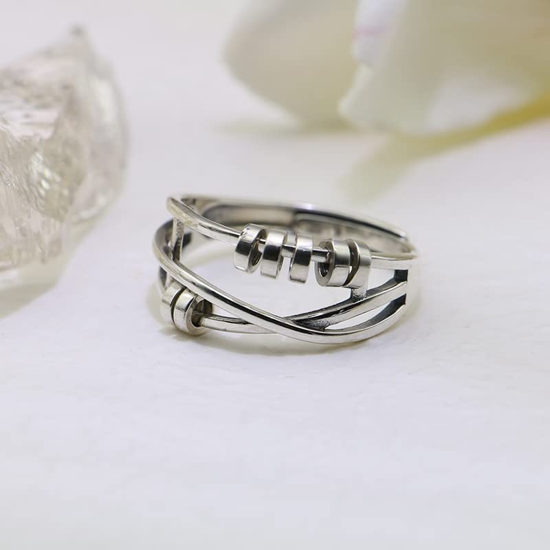 LETINE Fidget Rings For Anxiety For Women Men, Sterling Silver Anxiety Ring With Bead Unisex Spinner Ring Adjustable Worry Ring