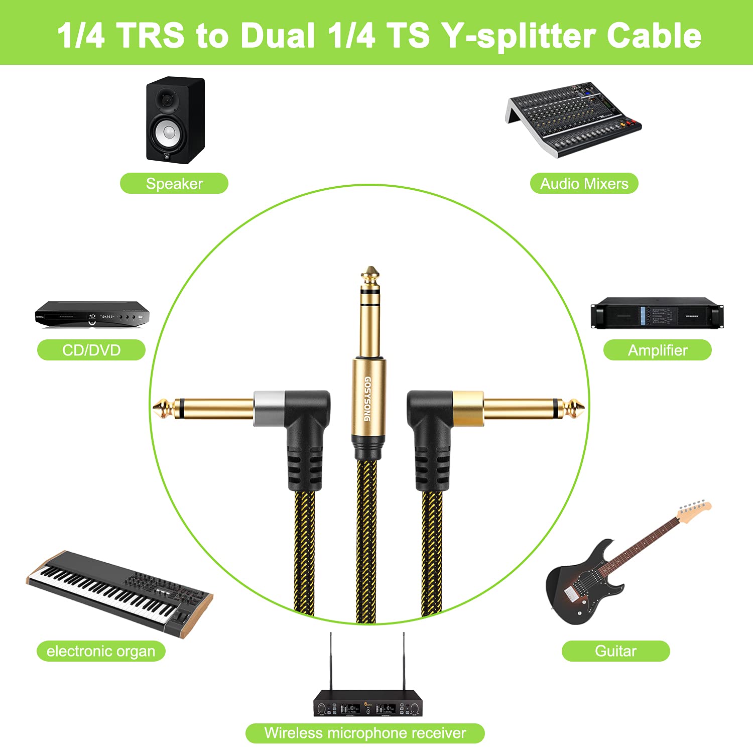 GOSYSONG 1/4 inch Splitter 20ft, 1/4 TRS Stereo to Dual 1/4 TS Insert Cable, 1/4 Stereo to Dual 1/4 Mono Cable, TRS 1/4 to 2 1/4 Mono Y Splitter Audio Cable