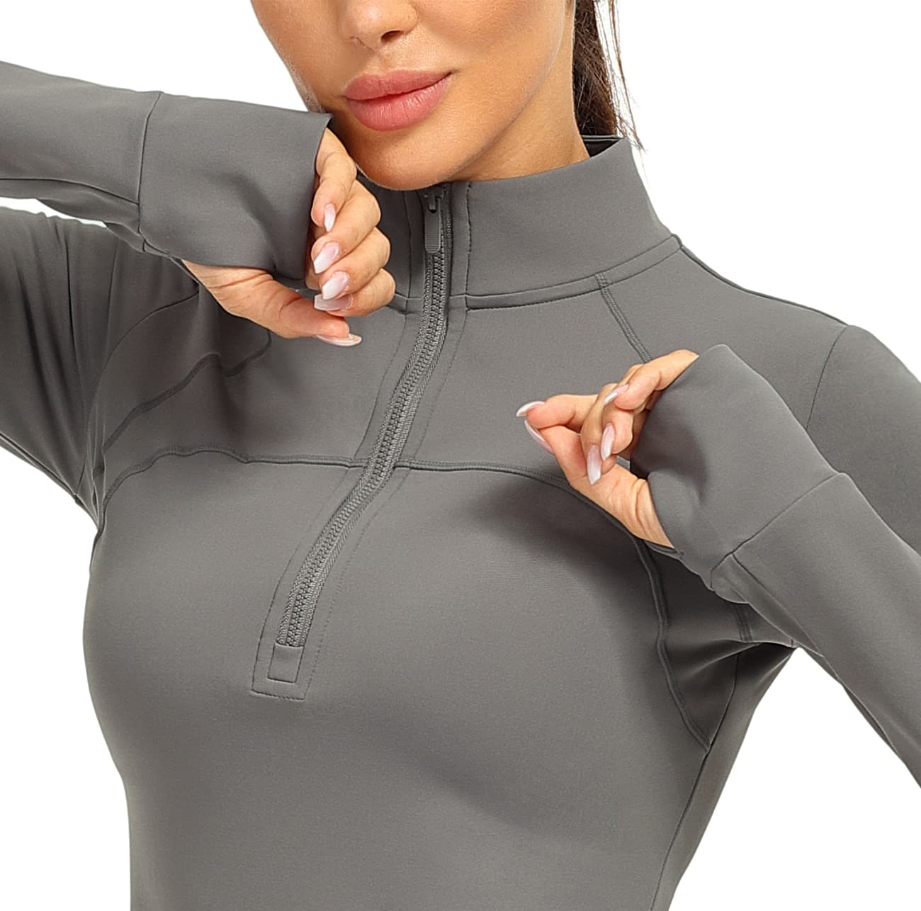 icyzone Fleece Lined Half Zip Pullover for Women with Thumb Holes, Athletic Workout Warm Jackets, Fitted Long Sleeve Yoga Crop Tops (Cacao, L)
