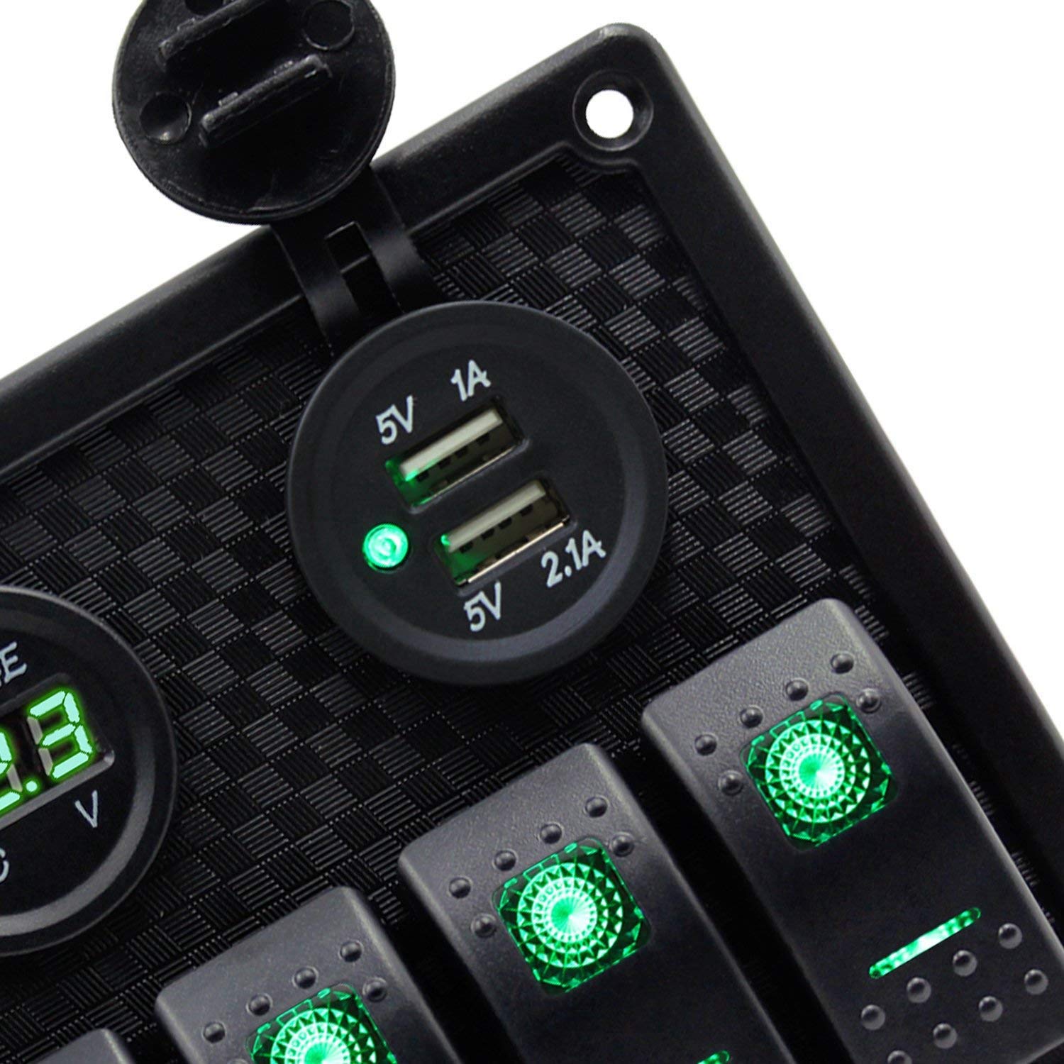 GIDREN 6 Gang Waterproof Rocker Switch Panel with DC 5V 3.1A Dual USB Charger Digital Voltmeter Display DC 12V Power Socket for Car Marine Boat RV Vehicle Truck (6 Gang Green)