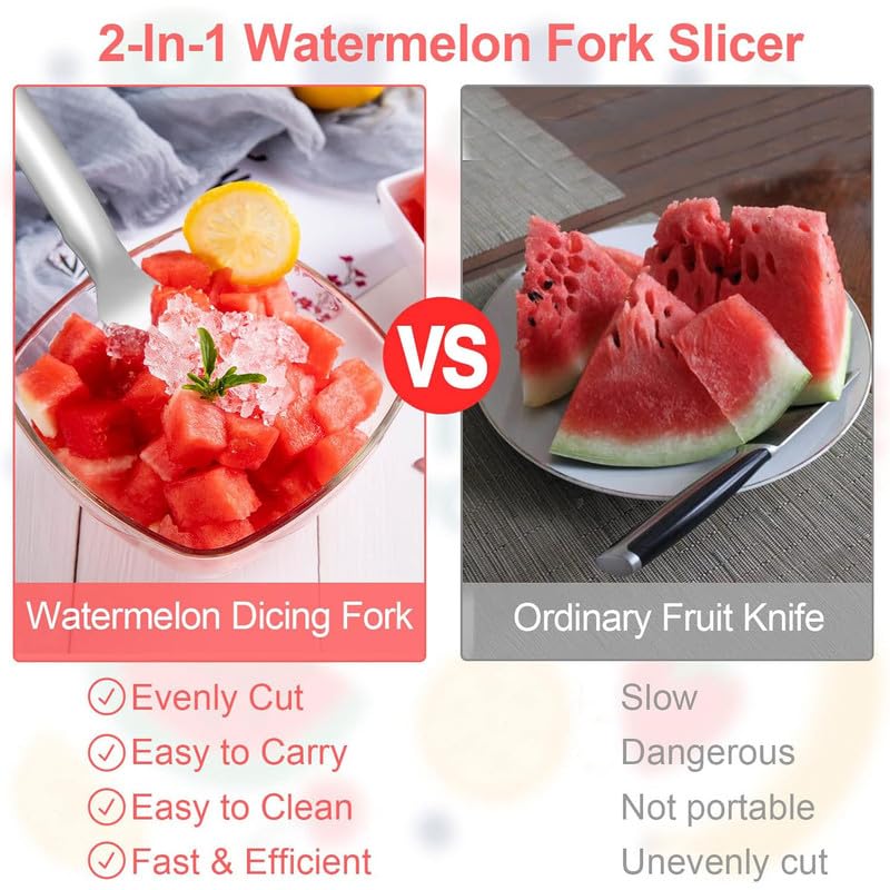 Lmuwecno 2-in-1 Stainless Steel Fruit Cutter, Watermelon Slicer Cutter, Watermelon Fork Slicer Cutter Slicer Tool, Dual Head Fruit Forks Slicer Knife for Home Kitchen Gadget, Silver