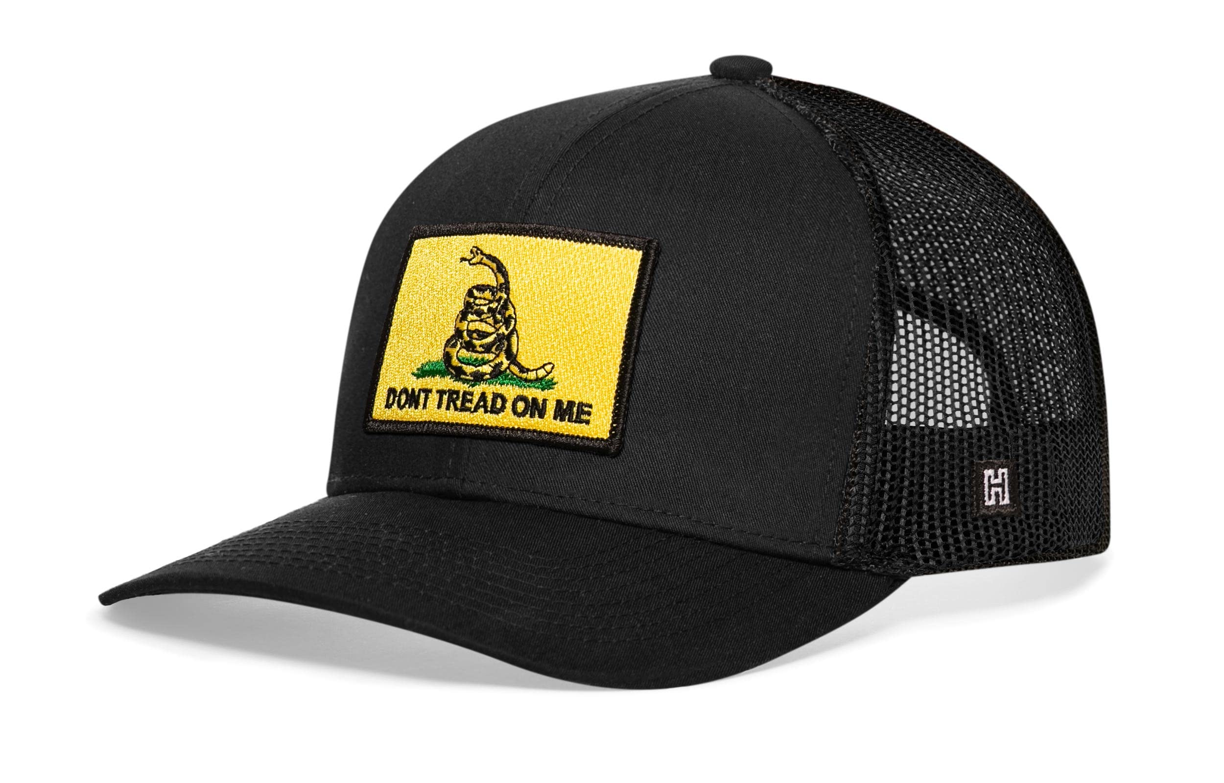 HAKA Dont Tread on Me Hat β Gadsden Flag Trucker Hat, Mesh Outdoor Hat for Men & Women, Adjustable Snapback Baseball Cap, Golf Hat Black