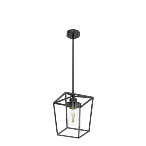 GZJunYo 1-Light Black Pendant Light Fixture Farmhouse Iron Cage Metal Pendant Light Lantern Hanging Light Fixtures with Clear Glass Shade for Kitchen Island, Entryway, Dining Room, Hallway