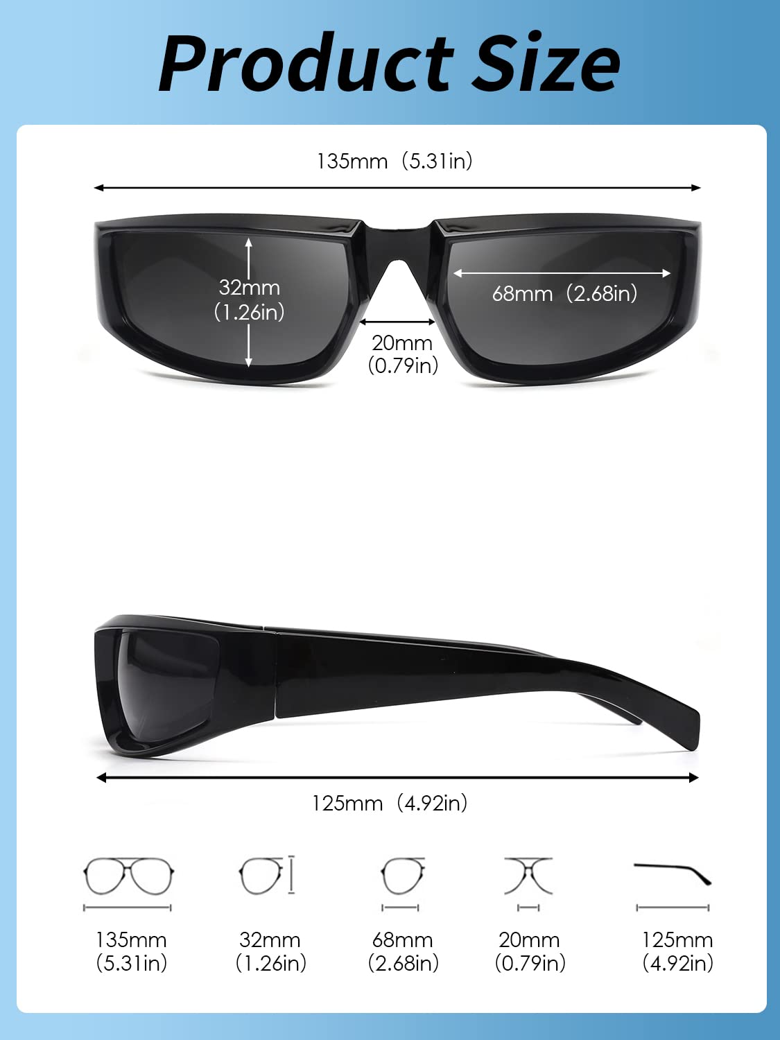JM Wrap Around Y2K Sunglasses for Men Women Trendy Rectangle Futuristic Sports Shades Black/Grey