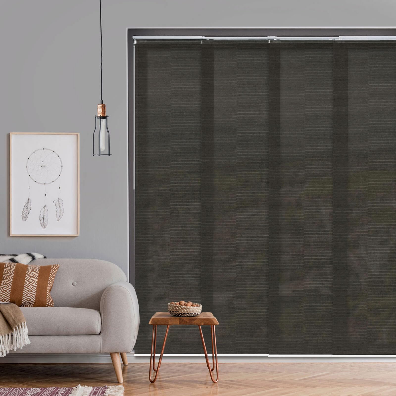 GoDear Design Adjustable Sliding Panel Track Vertical Blinds for Windows 45.8"- 86" W x 96" H, Extendable Patio Door Blinds for Sliding Door, Trimmable Fabric Panel Curtinsa, Semi-Privacy, Tea Time