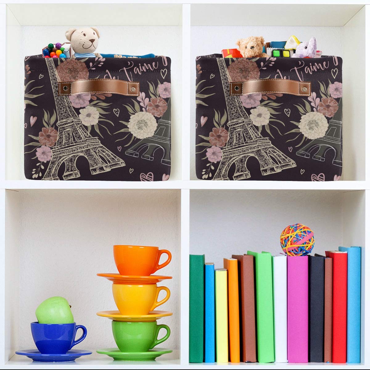 KEEPREAL Foldable Storage Baskets Set of 2, Paris Eiffer Tower Storage Bins with Handles, Decorative Cloth Organizer Storage Boxes for Home|Office 15 x 11 x 9.5 in
