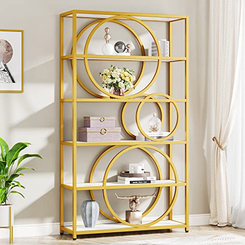 Tribesigns 5-Tier Bookshelf, 71" H Gold Book Shelf Large Bookcases and Bookshelves with Chic Circular Design, Tall Open Display Shelf Storage Rack for Home Office Living Room, Bedroom, White&Gold