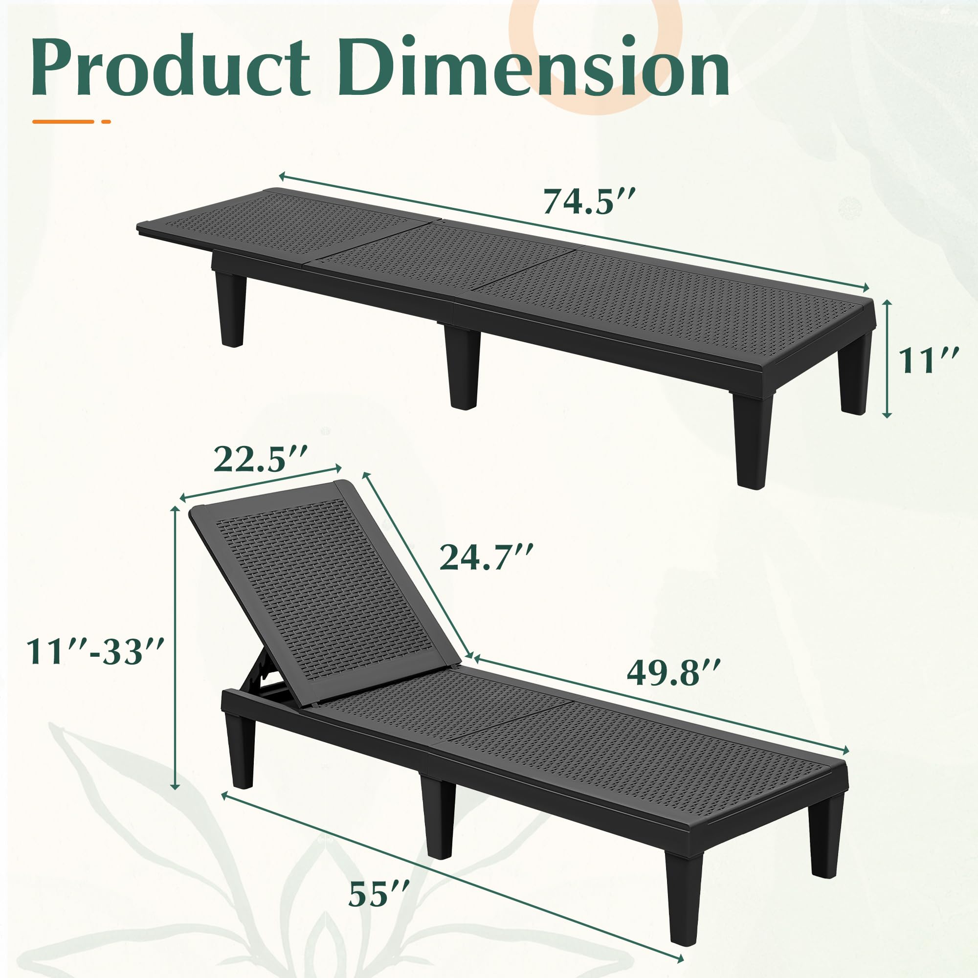 GUNJI Lounge Chairs for Outside Patio Waterproof Resin Chaise Lounge Outdoor Adjustable Lounge Chairs Set of 2 Pool Chairs Sun Loungers for Deck, Poolside and Beach (Black)