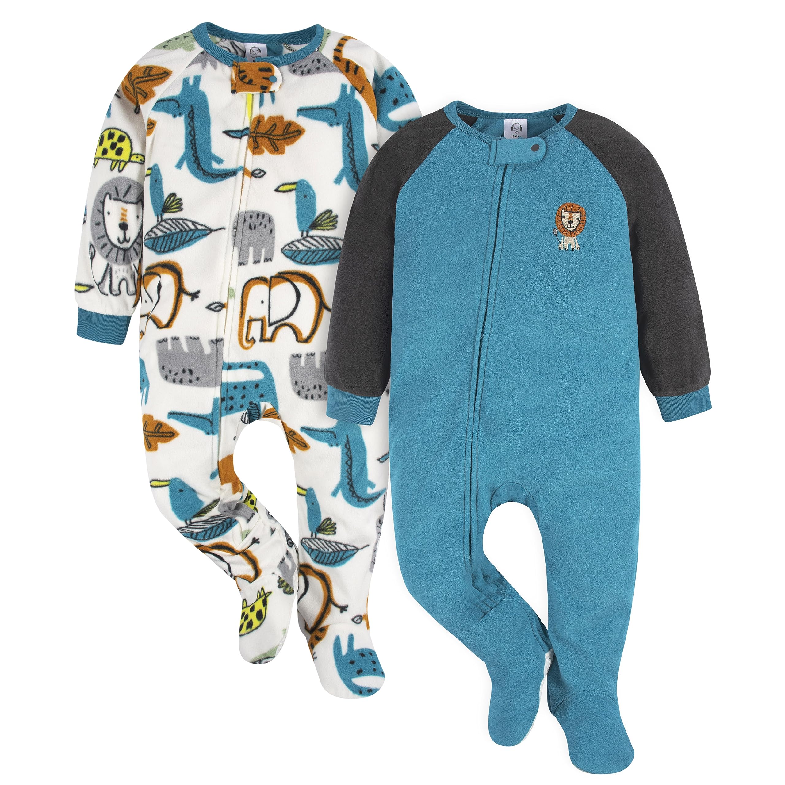 Gerber Baby Boys' Toddler Loose Fit Flame Resistant Fleece Footed Pajamas 2-Pack, Brown Lion, 0-3 Months