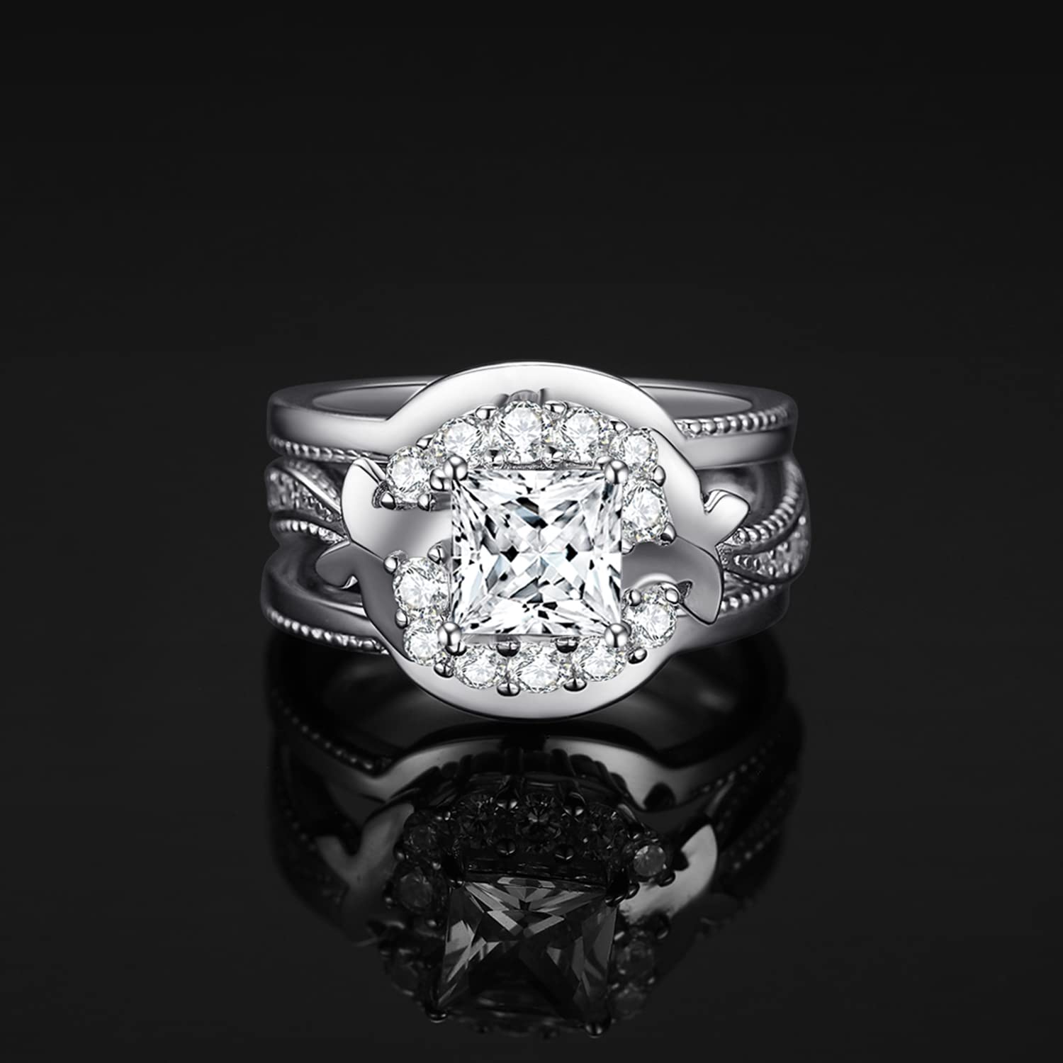 JewelryPalace Butterfly Princess Cut 1.5ct Cubic Zirconia Halo Engagement Ring for women, 925 Sterling Silver Promise Ring for Her, Anniversary Stackable Wedding Ring Band Bridal Sets 9