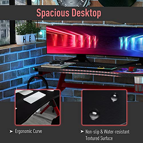 HOMCOM 43in Gaming Desk with RGB LED Lights Racing Style Gaming Table with Cup Holder & Cable Management, Red