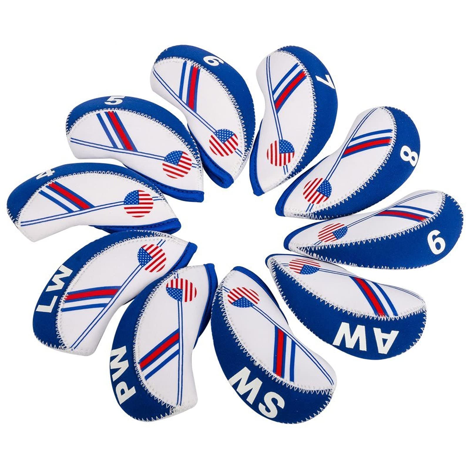 Golf Iron Head Cover Navy Blue 10pcs Set 4-9 A/Sw/Pw/Lw with Gossip Pattern Splice Digital Neoprene Golf Club Headcovers Wedge Iron Protective Headcover