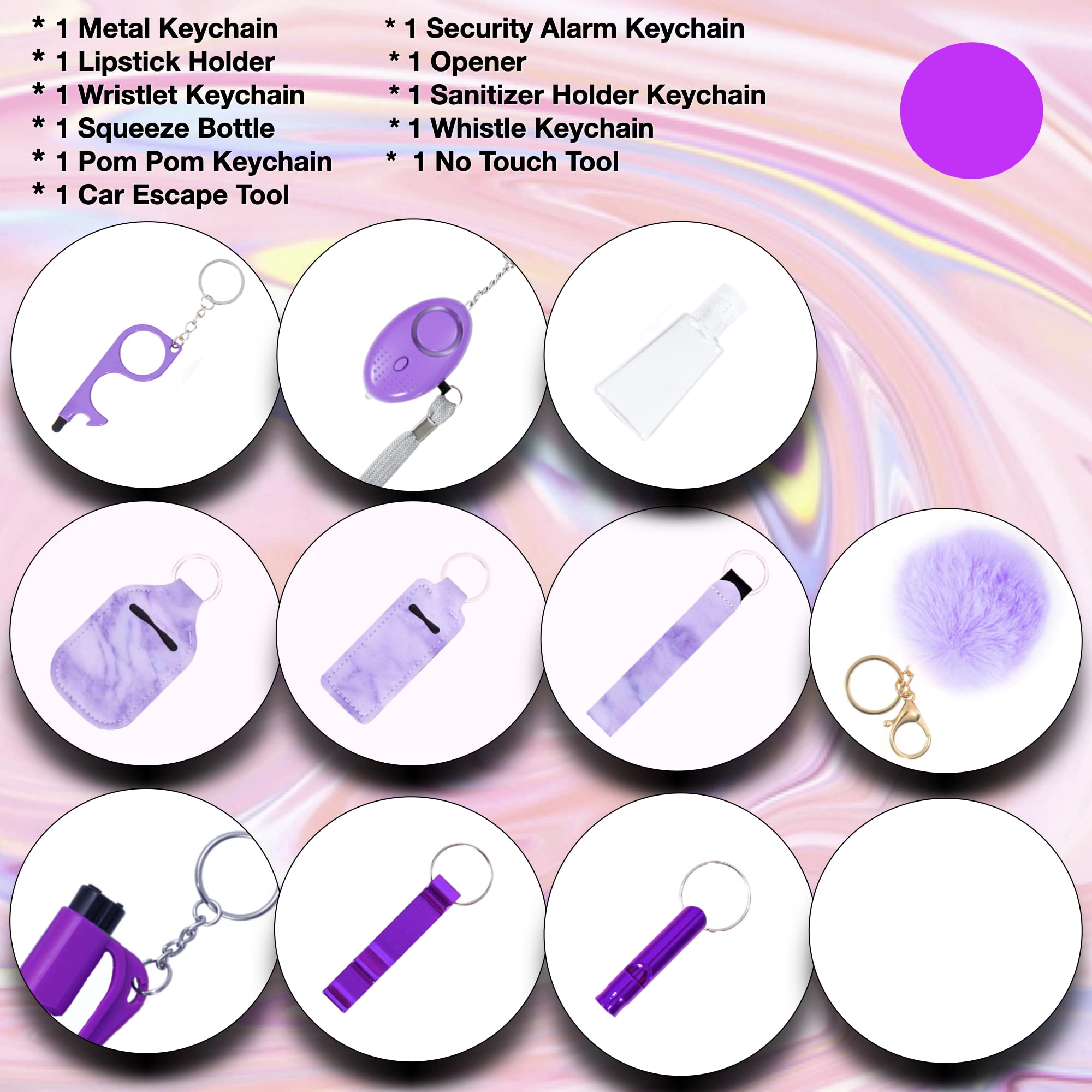 Keychains Set for Girls Safety Alarm with Flashlight, Pom Pom, Wristlet and Multi-Function Keychian Wristlet Purple