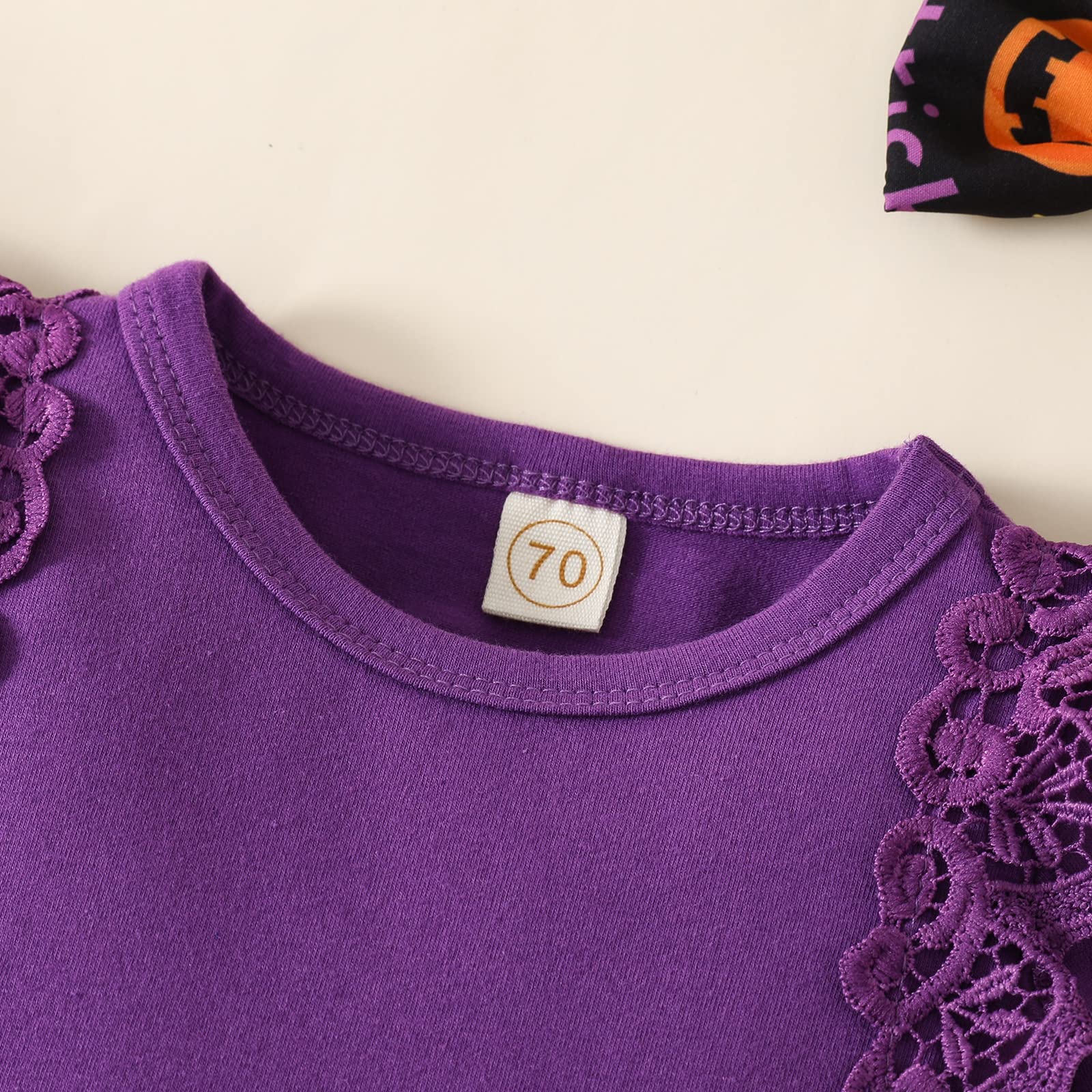 Guodeunh Newborn Baby Girl Halloween Outfits Ruffle Pumpkin Romper Tunic Drees Long Sleeve Skirt Set+Headband Fall Winter Clothes(Purple- Black,12-18 Months)