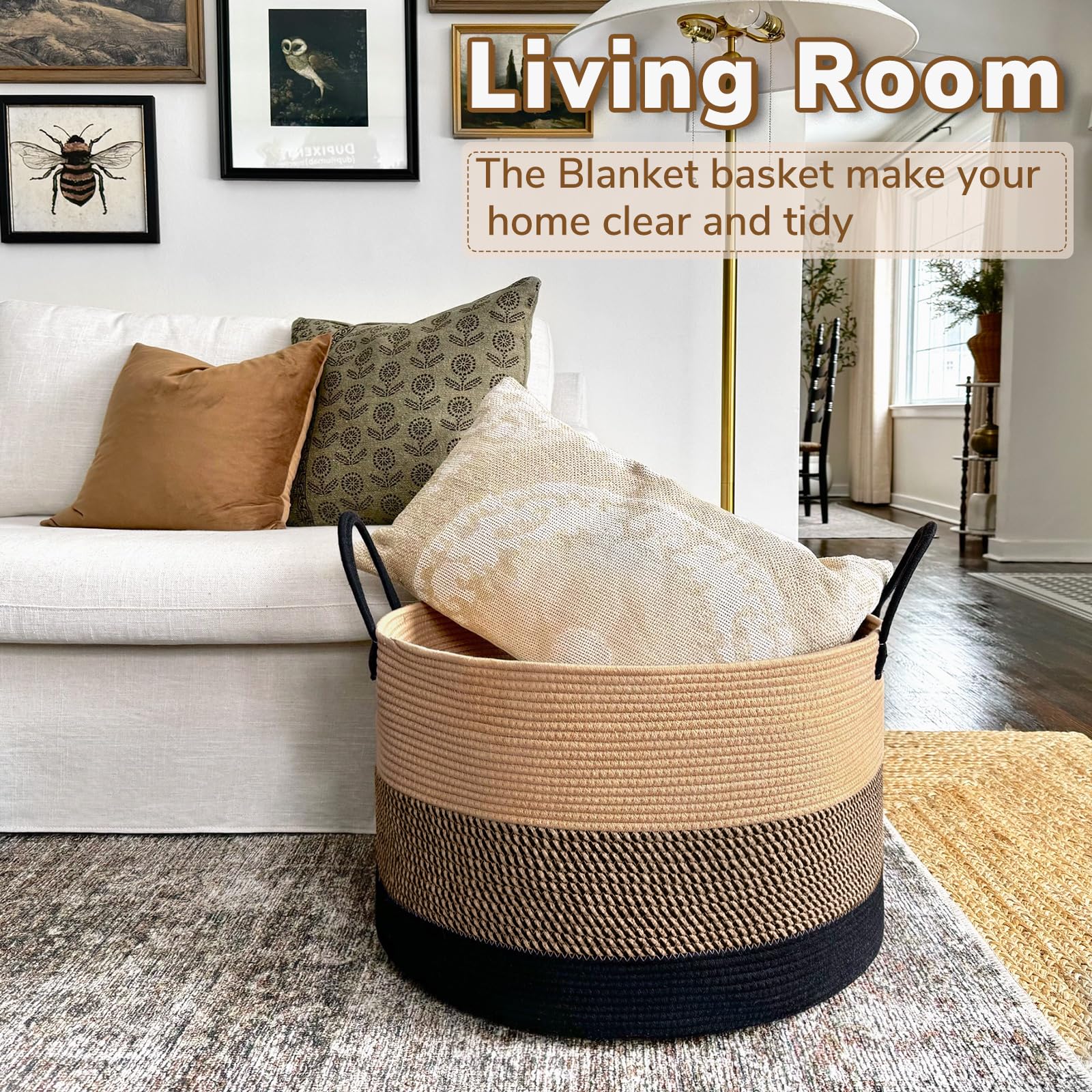 INDRESSME XXXLarge Woven Rope Basket 21" x 14" Blanket Storage Basket with Long Handles Decorative Clothes Hamper Basket Extra Large Baskets for Blankets Pillows