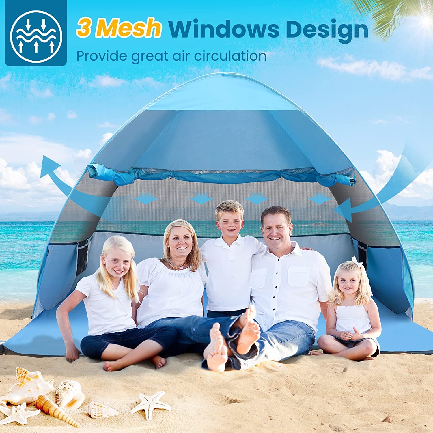 Large Pop Up Beach Tent for 3-4 Person, UPF 50+ Beach Sun Shade, Automatic Beach Sun Shelter Umbrella with Carry Bag, Lightweight and Easy Set Up