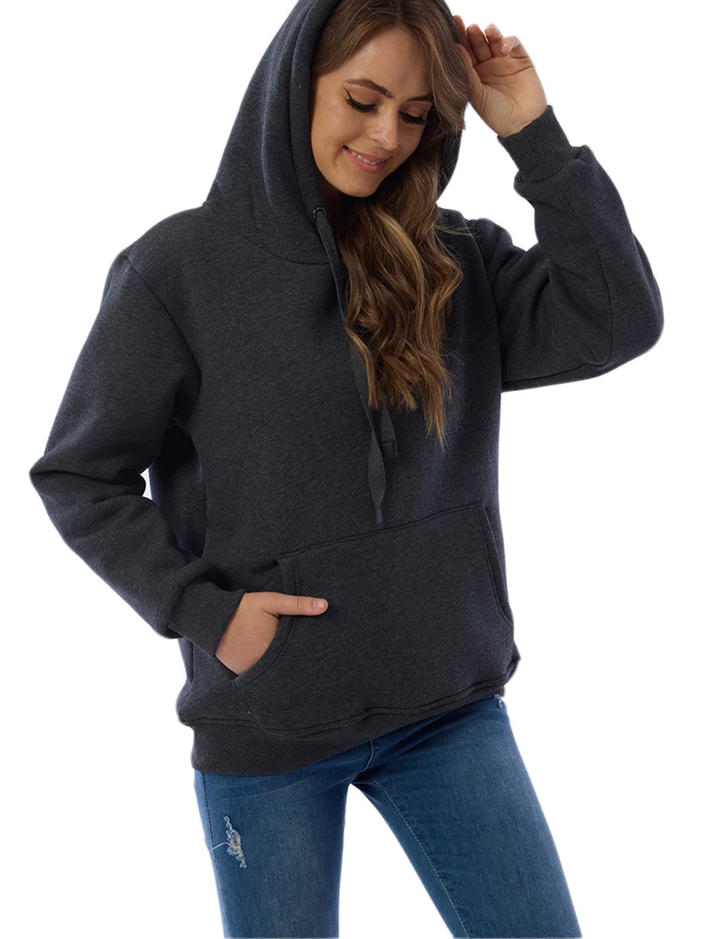 Haellun Womens Casual Winter Warm Fleece Sherpa Lined Pullover Hooded Sweatshirt (Dark grey, Large)