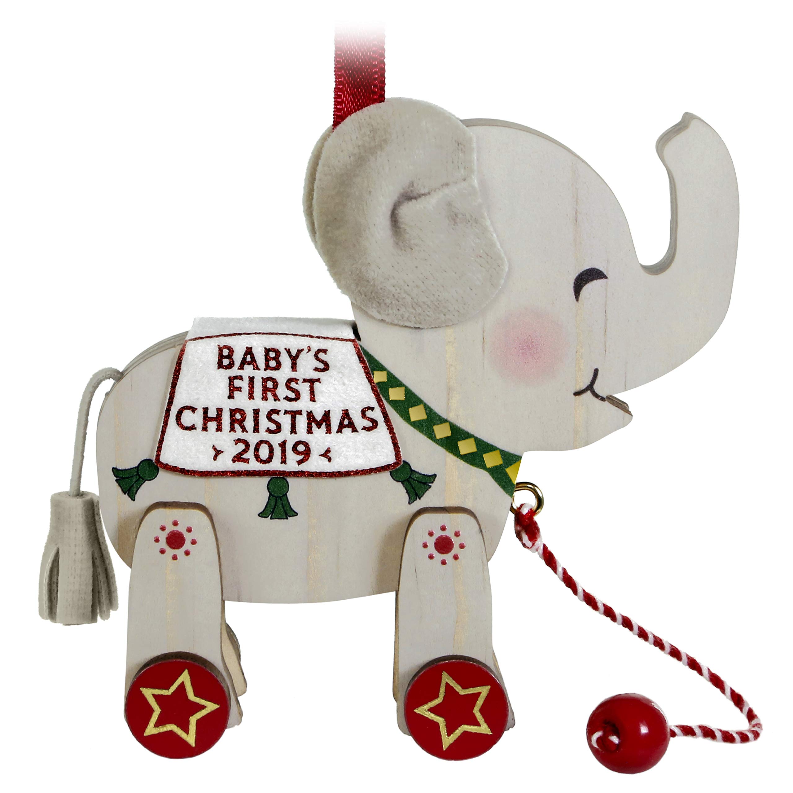Hallmark Keepsake Christmas Ornament 2019 Year Dated, Baby’s First Christmas Elephant Pull Toy, Wood