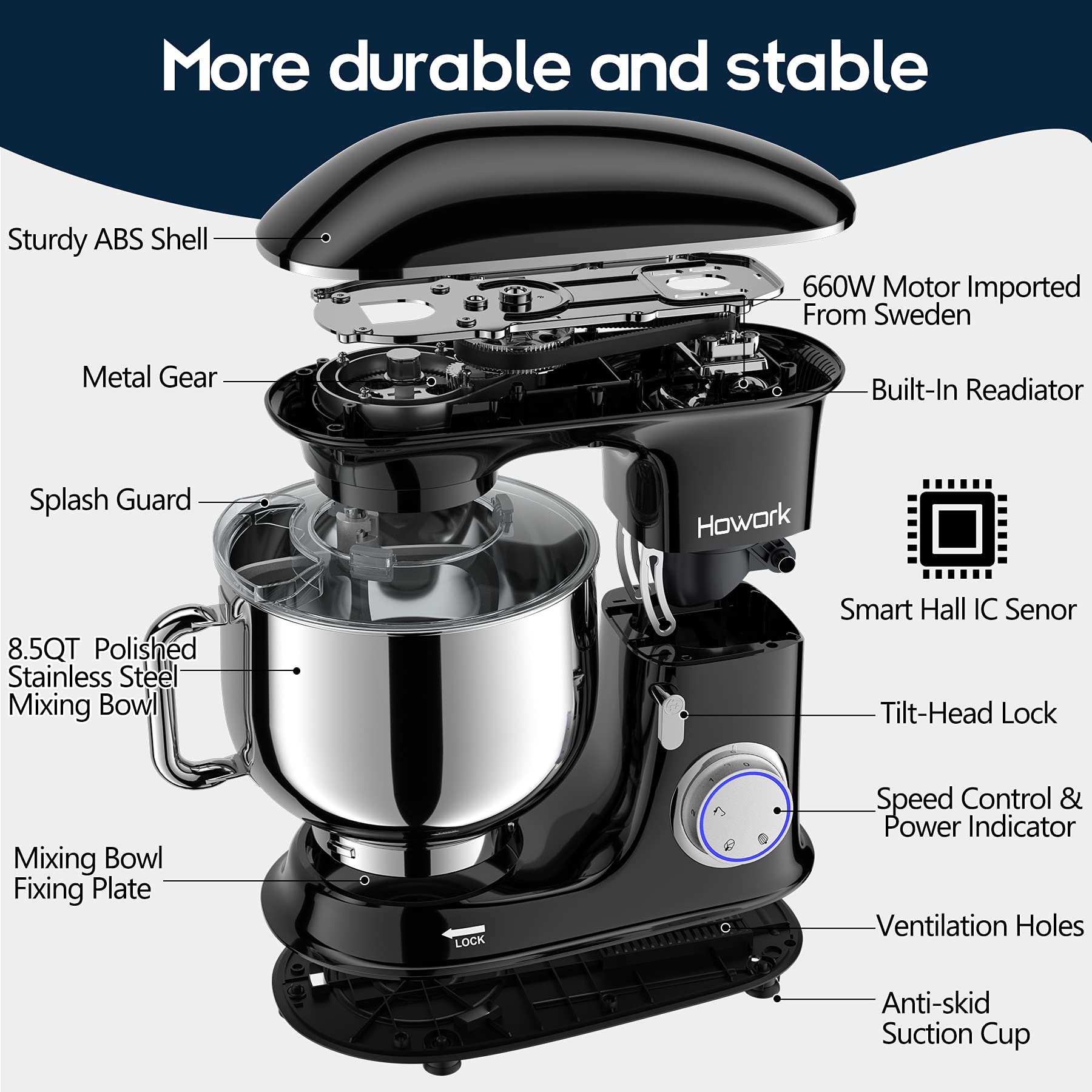 HOWORK 8.5QT Stand Mixer, 660W 6+P Speed Tilt-Head, Electric Kitchen Mixer With Dishwasher-Safe Dough Hook, Beater, Wire Whip & Pouring Shield (8.5 QT, Red)