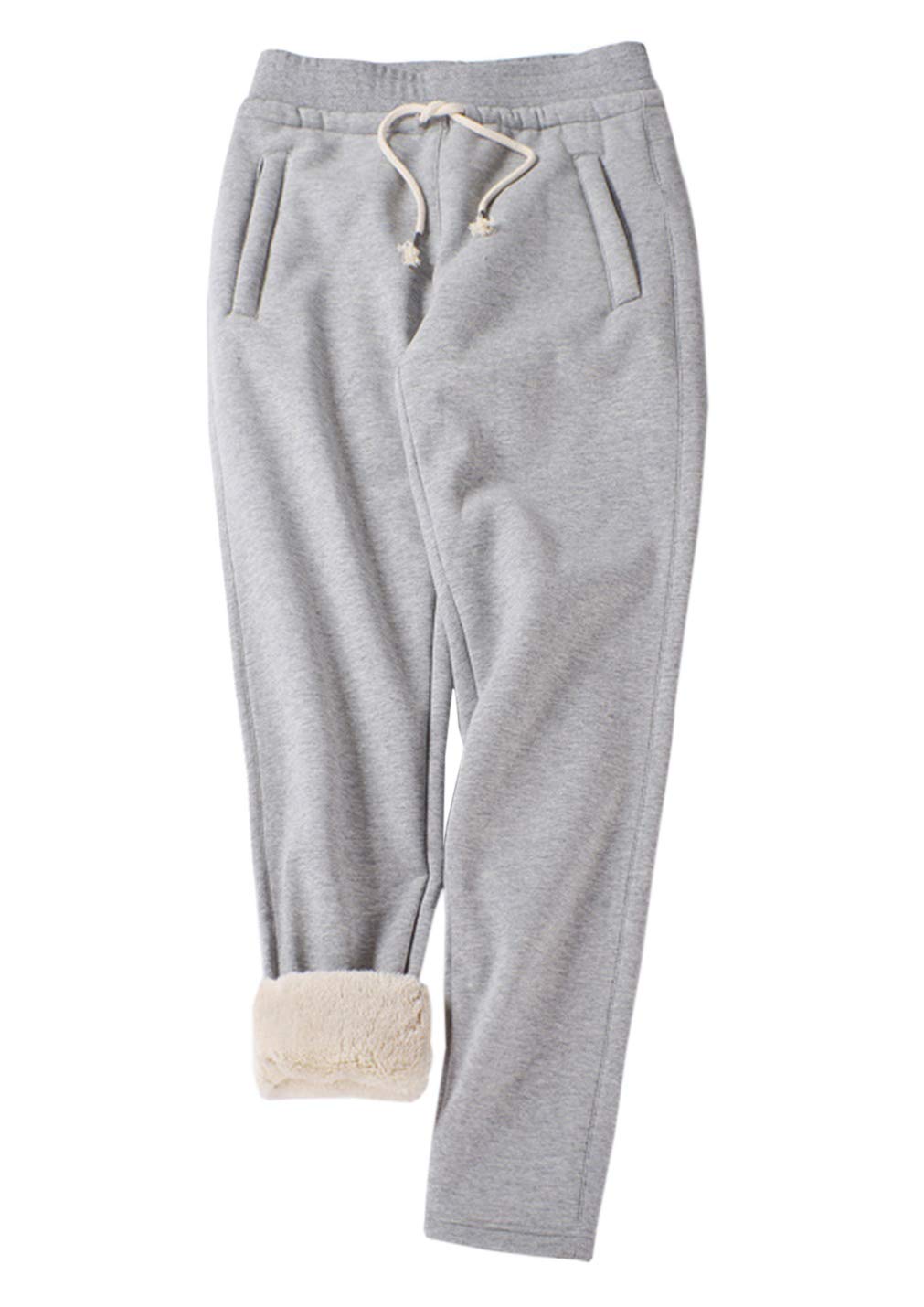 Gihuo Women's Sherpa Lined Sweatpants Winter Warm Fleece Lined Sweatpants with Pockets Fleece Jogger Pants Athletic (2# Light Grey, Small)