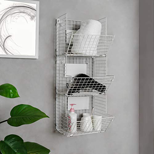 X-cosrack Metal Wire Basket Wall Mount, 3 Tier Wall Storage Basket Organizer with Hanging Hooks Chalkboards, Rustic Kitchen Fruit Produce Bin Rack Bathroom Tower Baskets (White)