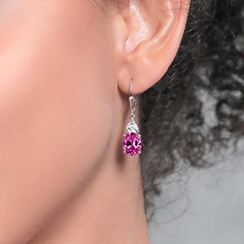 Gem Stone King 925 Sterling Silver Pink Created Sapphire and White Zirconia Dangle Earrings For Women (6.50 Cttw, Gemstone September Birthstone, Oval 10X8MM, Trillion 5MM)