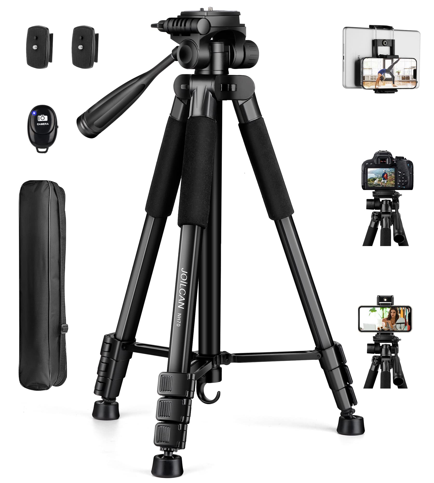 JOILCAN Camera Tripod, Heavy Duty Tripod for Camera, 67" Phone Tripod for Video Recording Photo Vlogging, Aluminum Phone Tripod with Remote & Travel Bag for DSLR Camera Phone Projectors Lasers