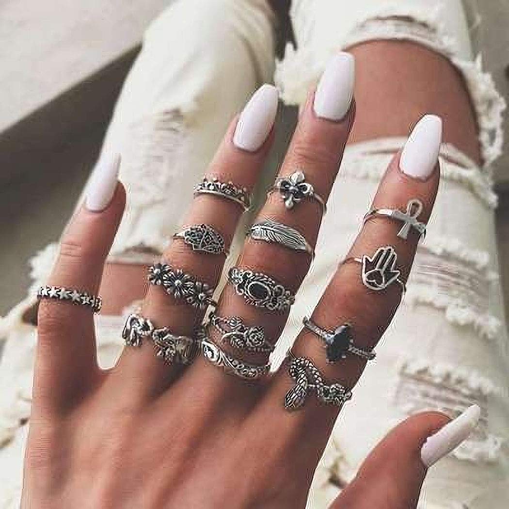 Haloty Boho Black Crystal Joint Knuckle Rings Silver Elephant Midi Rings Set Snake Flower Stackable Finger Rings Jewelry for Women and Girls (14PCS)