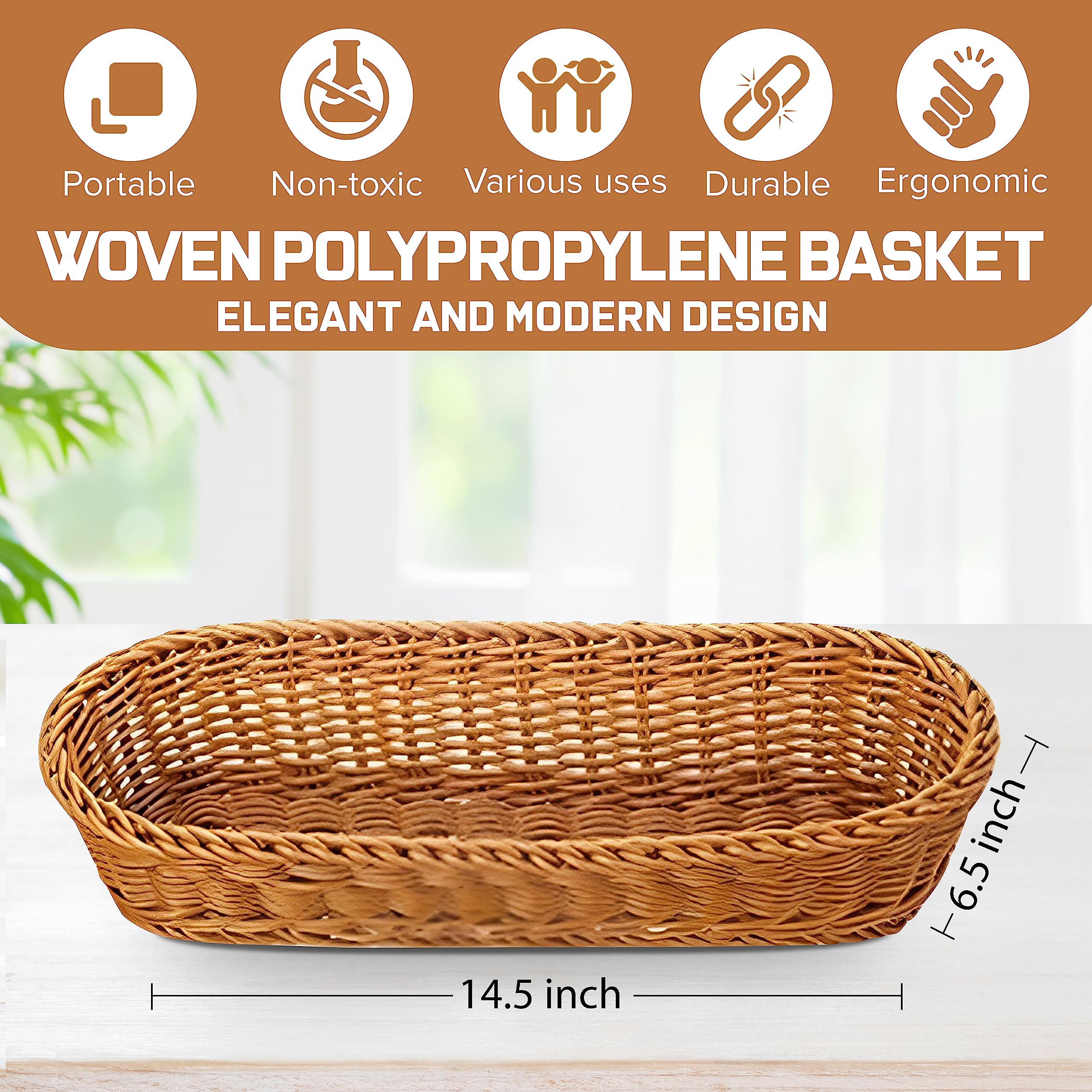 Kovot Wicker Bread Basket - 14.5" Woven Polypropylene Basket β For Food Display and Serving β Snack Organizer Basket
