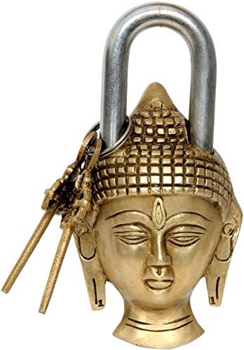 Home - Garden Brass Padlock - Lock with Keys - Working - Brass Made - Type : (Lord Buddha - Brass Finish)