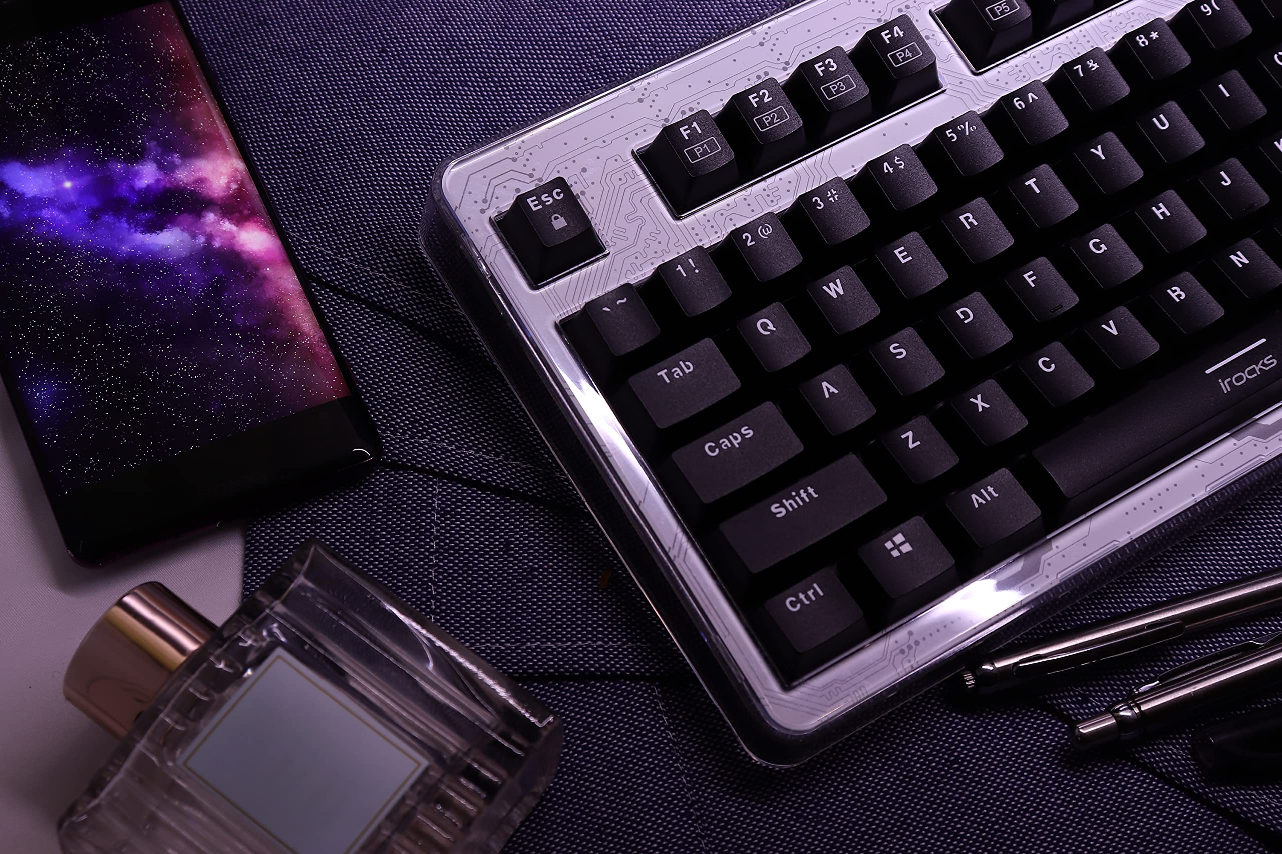 i-rocks K76M Custom Silent Mechanical Keyboard 104 Keys, with Swappable Panel (4 Skins Included), Transparent Housing and Onboard Memory for Macro Recordings (i-rocks Silent Brown Switches, Pink)