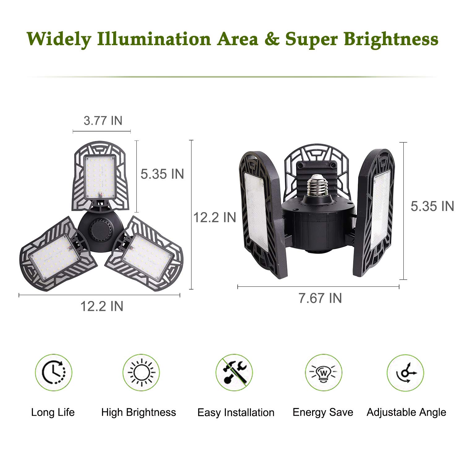 HANJION Garage Light LED Garage Light E26/E27 Garage Lights 100W Deformable LED Garage Lighting with 3 Adjustable Panels 6000K Daylight White , 10000LM LED Shop Lights for Garage, Barn, Shop
