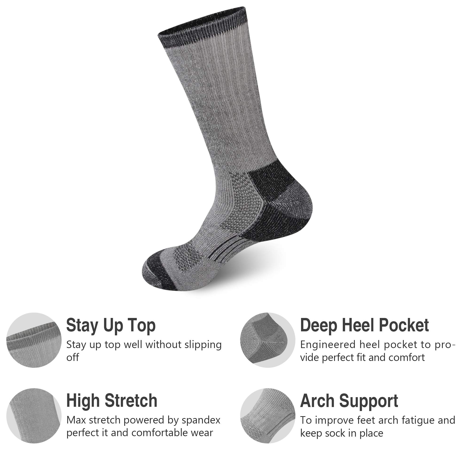 GKX Men's Merino Wool Moisture Wicking Themal Outdoor Hiking Work Boot Heavy Cushion Crew Socks(MixColor)