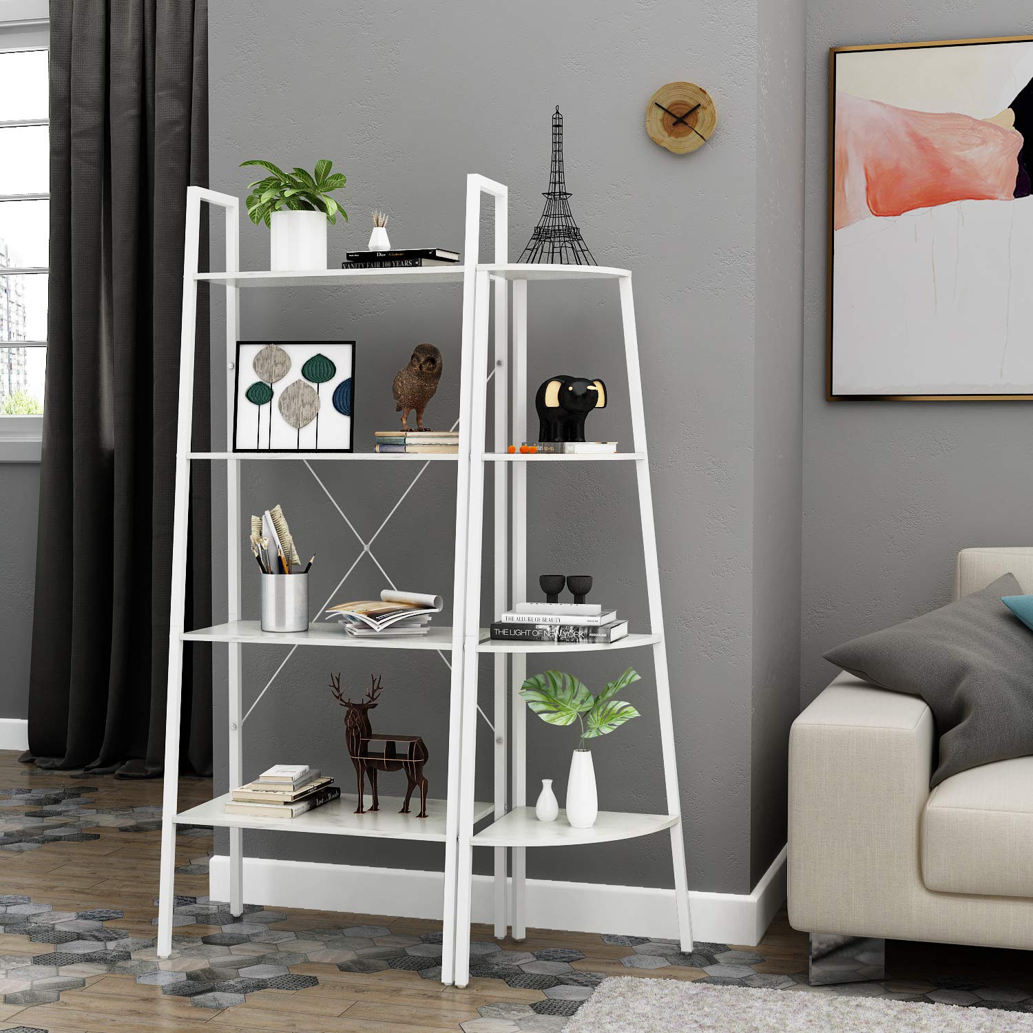 HOME BI 5 Tier Bookshelf Wooden Bookcase, Multifunctional S-Shaped Freestanding Display Shelf Storage Shelving, Modern 5-Tier Wood Cube Book Shelf Organizer with Metal Frame (White, 4 -Tier)