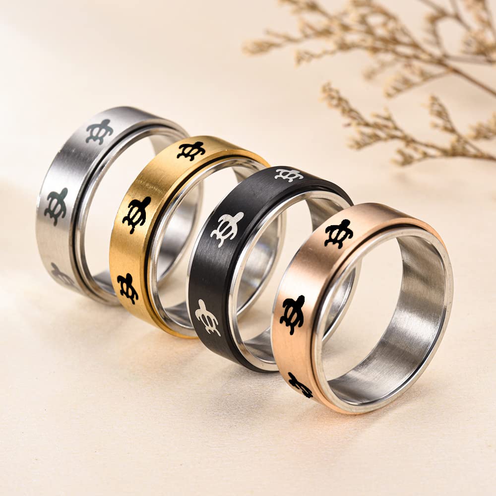 INRENG 8MM Stainless Steel Spinner Ring for Men Women Anxiety Relief Fidget Rings Band Animal Turtle Engraved Black Size 7