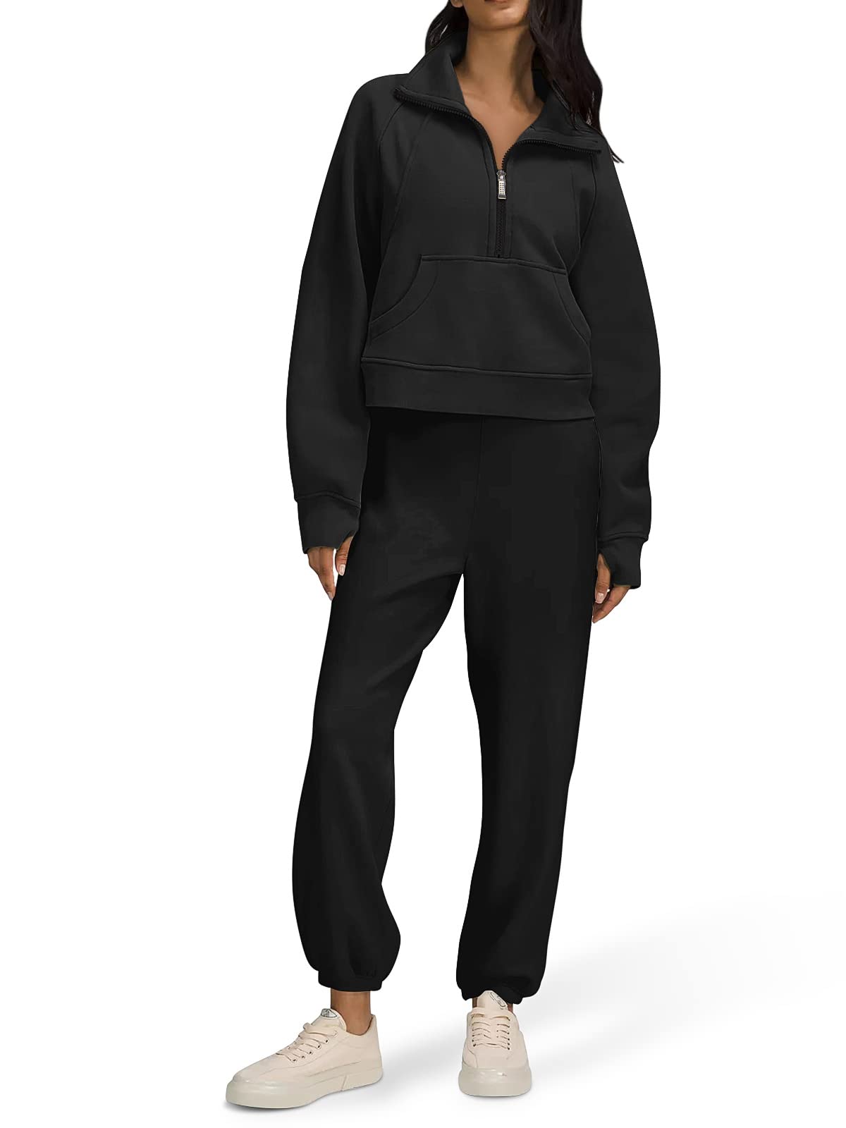 LASLULU Womens Fuzzy Cropped Sweatshirt Hoodies Sport Athletic Zip Up Stand Collar Sweater Fleece Lined Fall Sweatshirt Long Sleeve Pullover Tops Pockets(Black Medium)