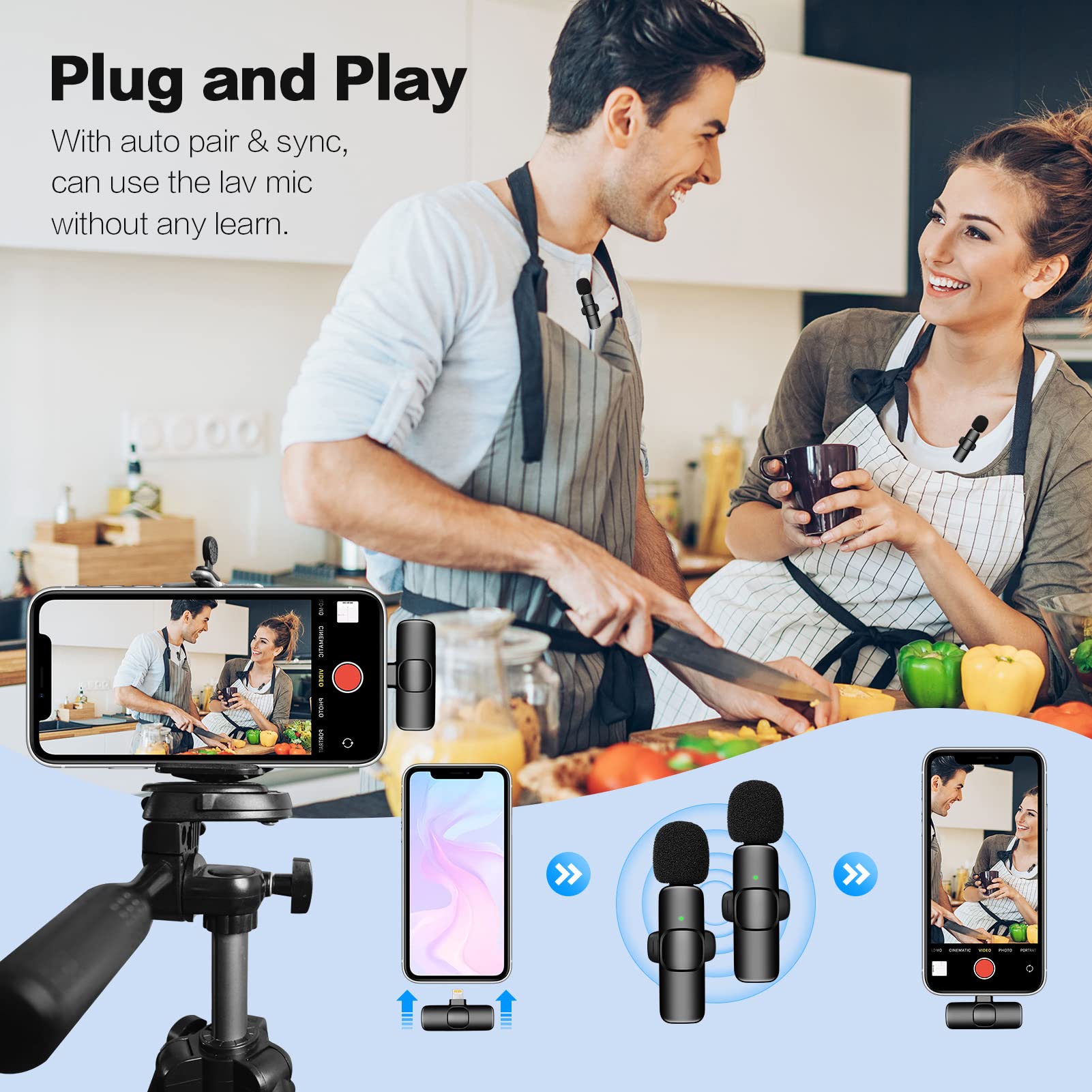 LASMEX Wireless Lavalier Lapel Microphone for iPhone iPad, Plug-Play Professional Small Wireless Clip Mic for Video Recording Interview Vlog YouTube TikTok Facebook Live and Noise Reduction