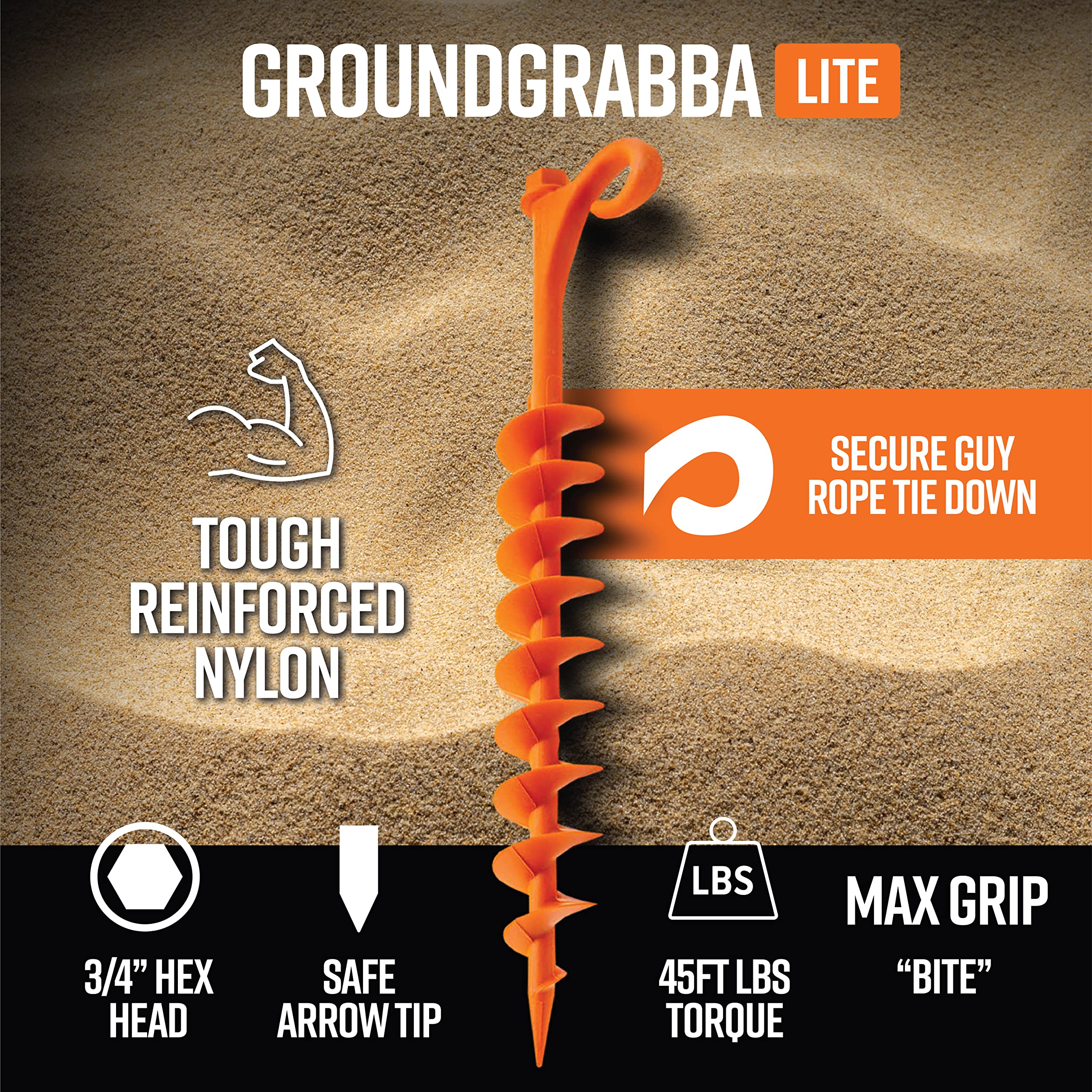 GROUNDGRABBA Lite Orange Tent Stakes - Tent Stakes for Sand | Screw in Earth Ground Anchors for Maximum Grip and Longevity in Soft Surfaces - 6 Pack