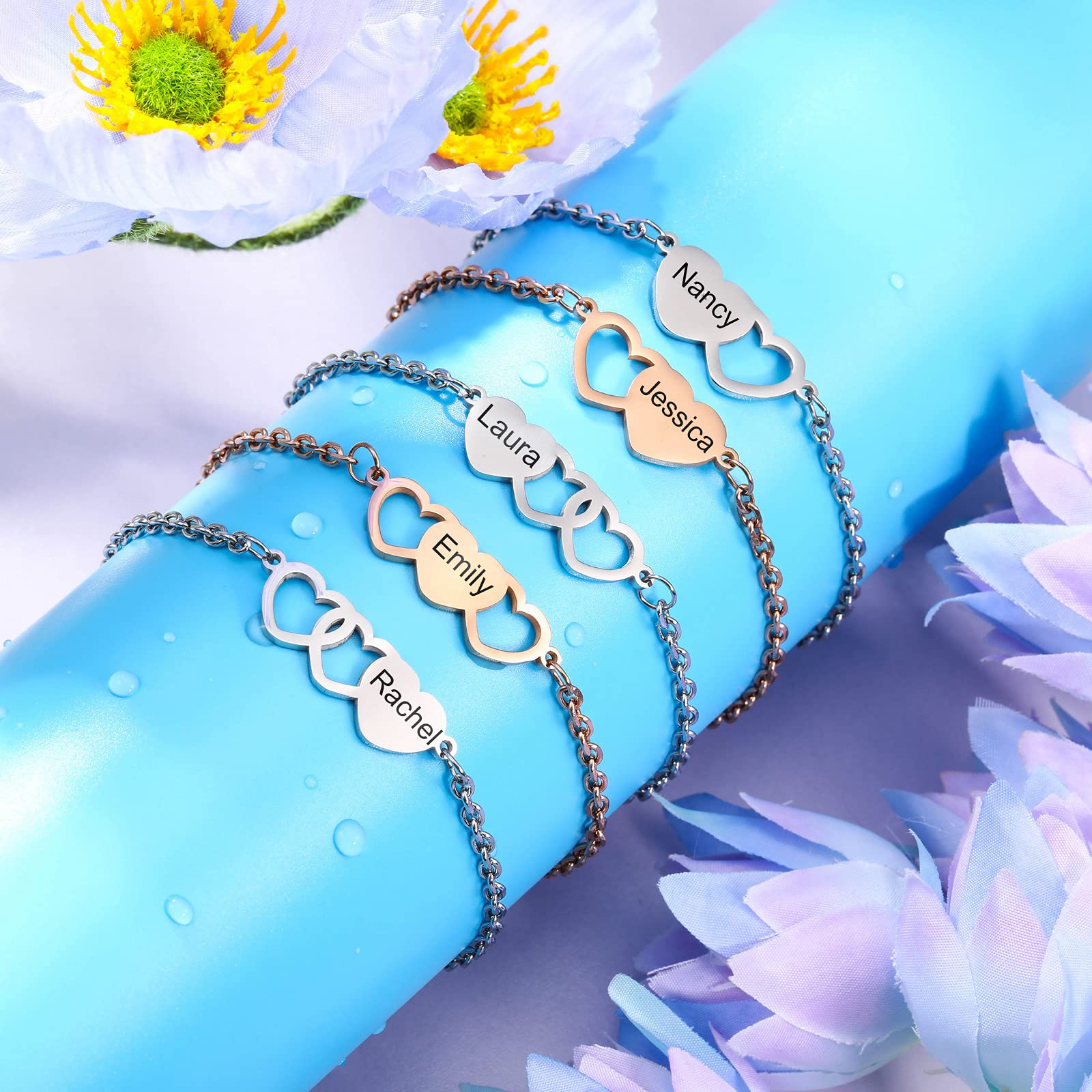 INBLUE 2~3 PCS Personalized Heart Shape Bracelets Set Best Friend Name Customized 1~3 Names for Women Friendship BFF Bracelets for 2~3 Sisters (Silver 3 pcs)
